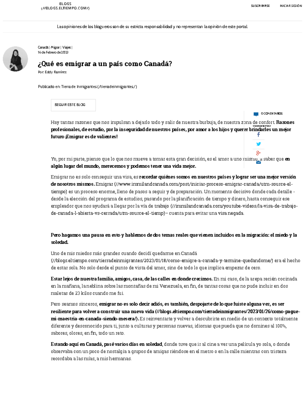 ¿Qué es emigrar a un país como Canadá Blogs El Tiempo - Las opiniones ...