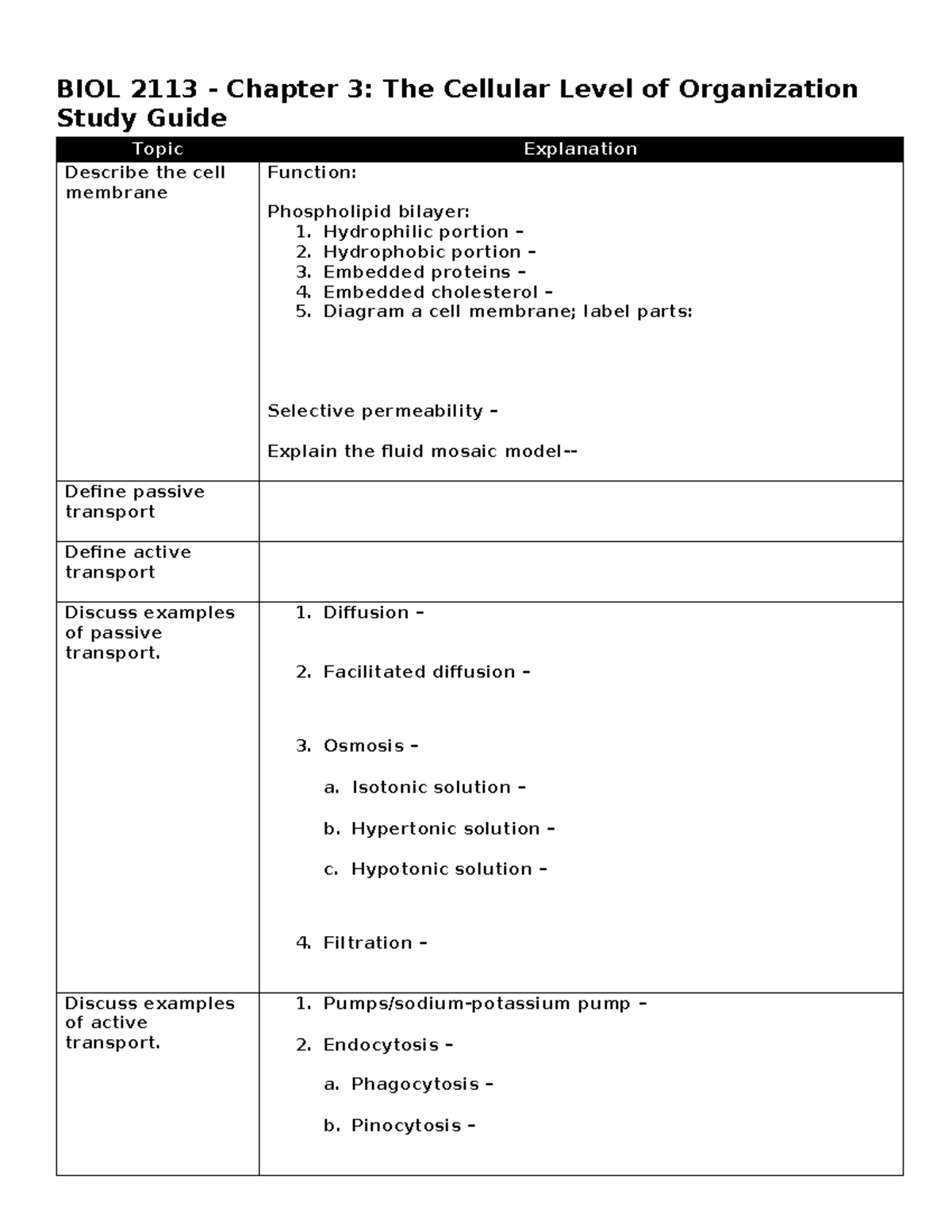 BIOL 2113 Ch3 Study Guide - BIOL 2113 - Chapter 3: The Cellular Level of Organization Study ...