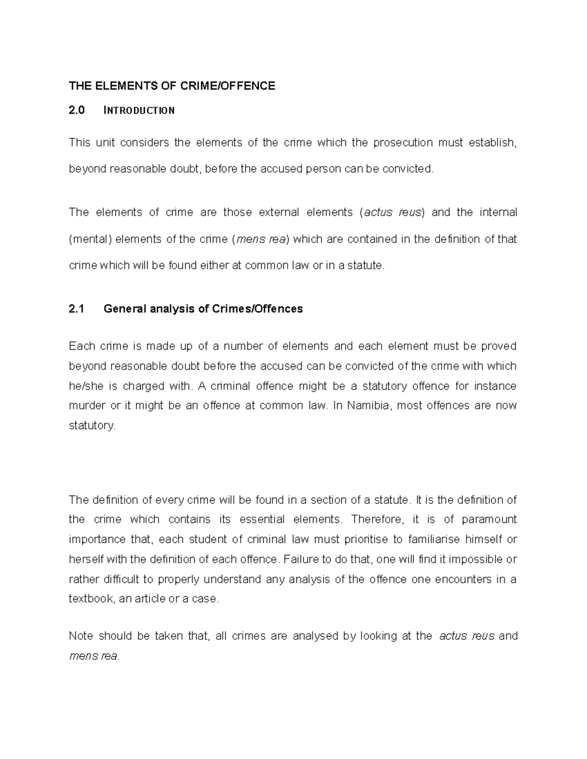 Topic 1 Elements of a crime criminal law - THE ELEMENTS OF CRIME ...