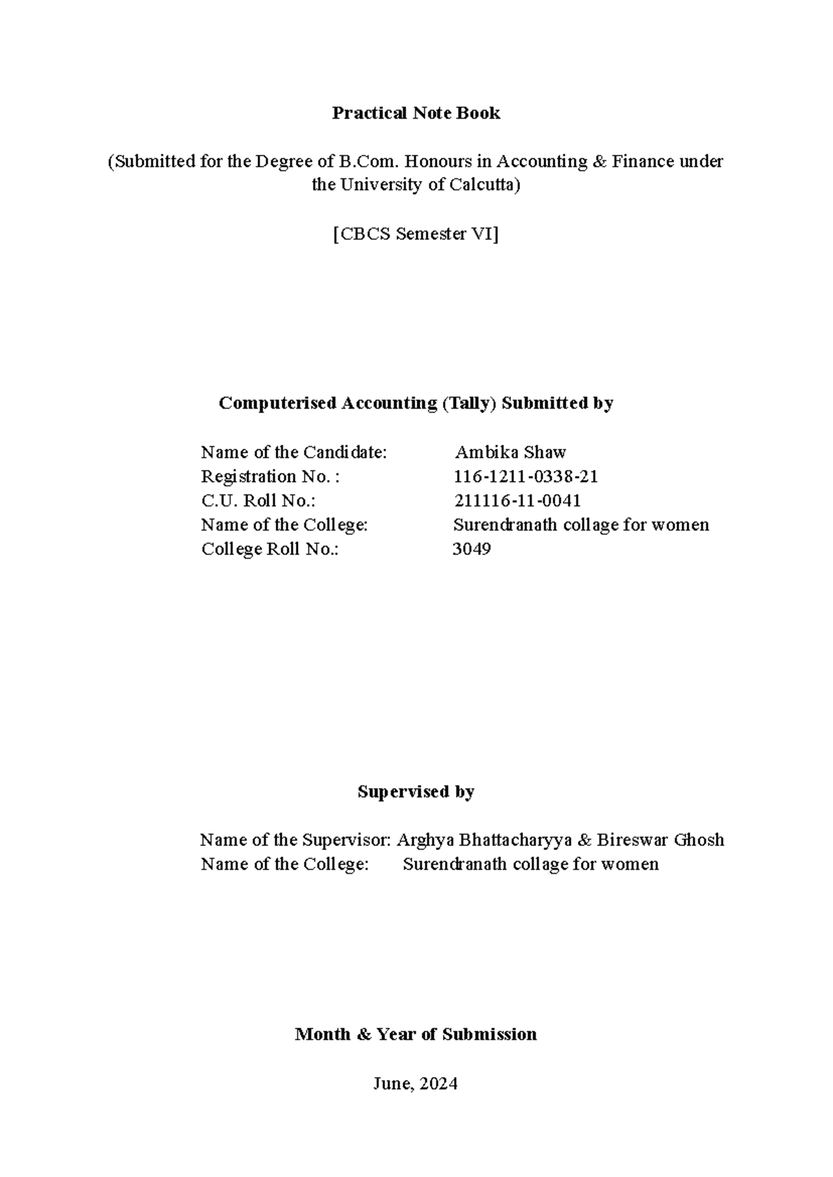 Ambika front page - Practical Note Book (Submitted for the Degree of B ...