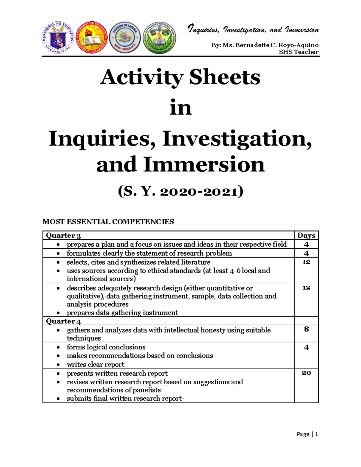 3Is Activity Sheets Quarter 1 - SHS Teacher Activity Sheets in ...