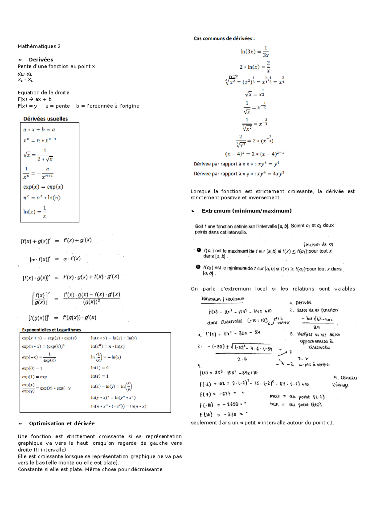 Résumé pour examen Maths 2 - Mathématiques 2 Derivées Pente d’une ...