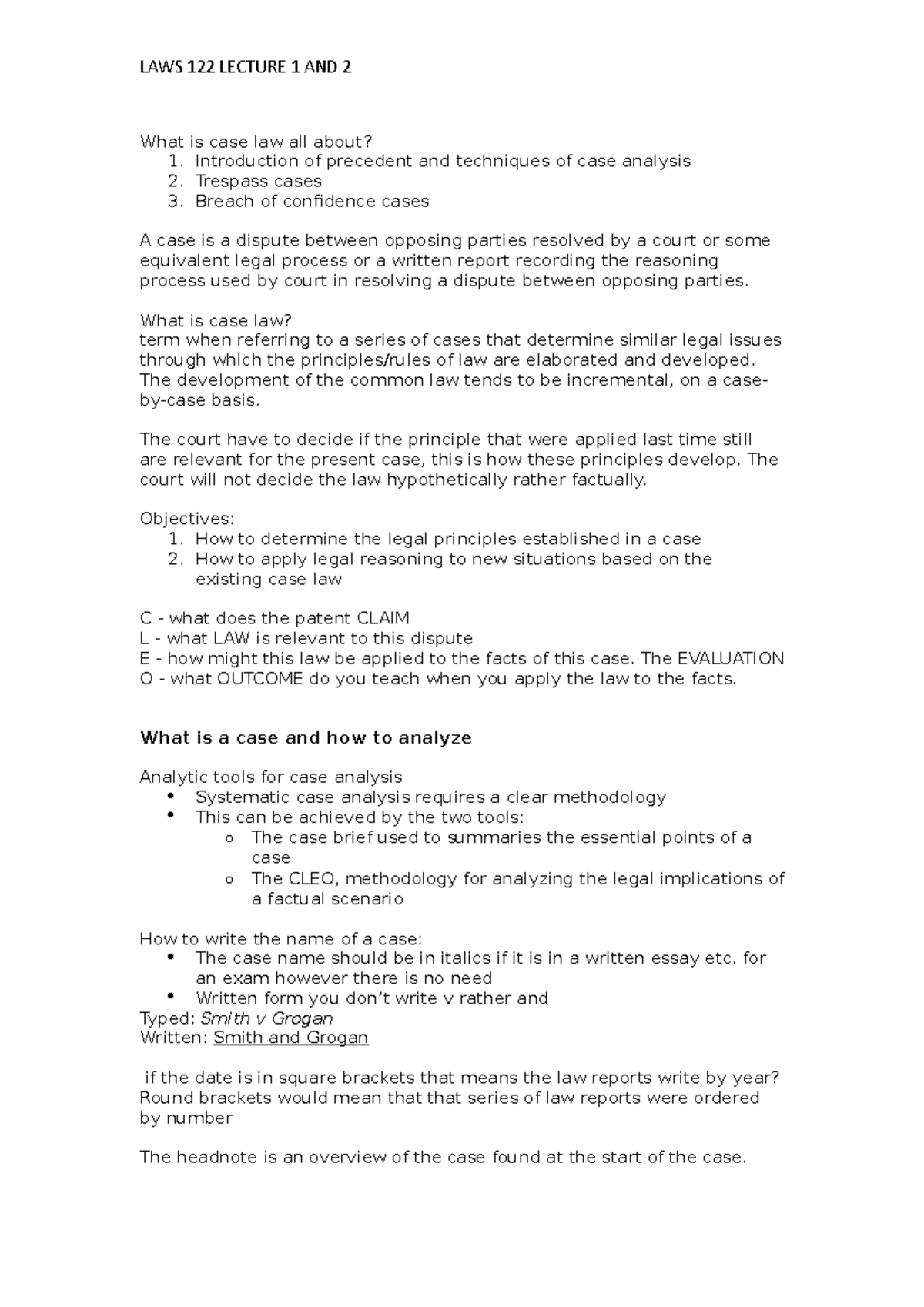 LAWS 122 Lecture 1 AND 2 - Introduction to Case Law - Victoria ...