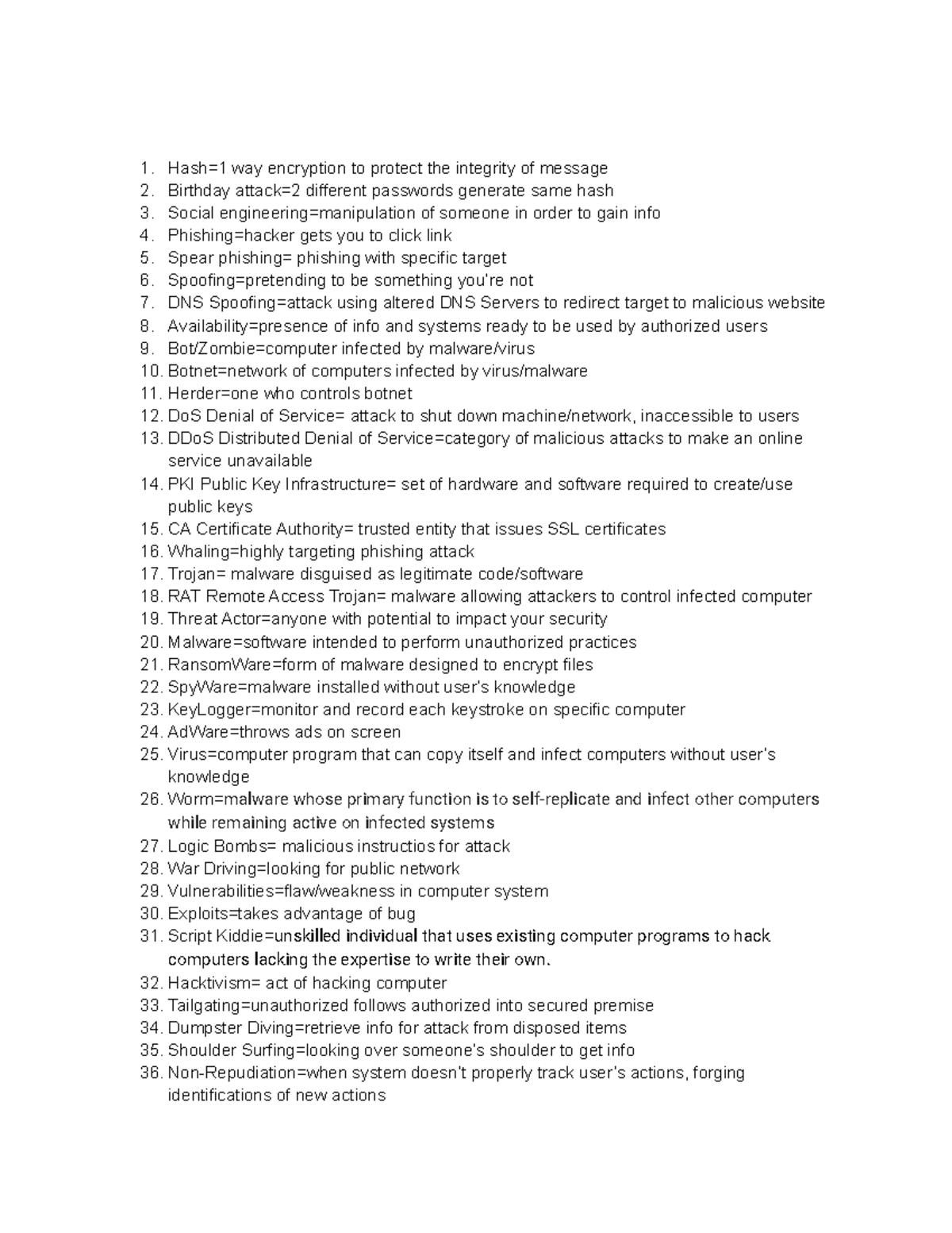 Computer Science Vocab - Hash=1 way encryption to protect the integrity ...