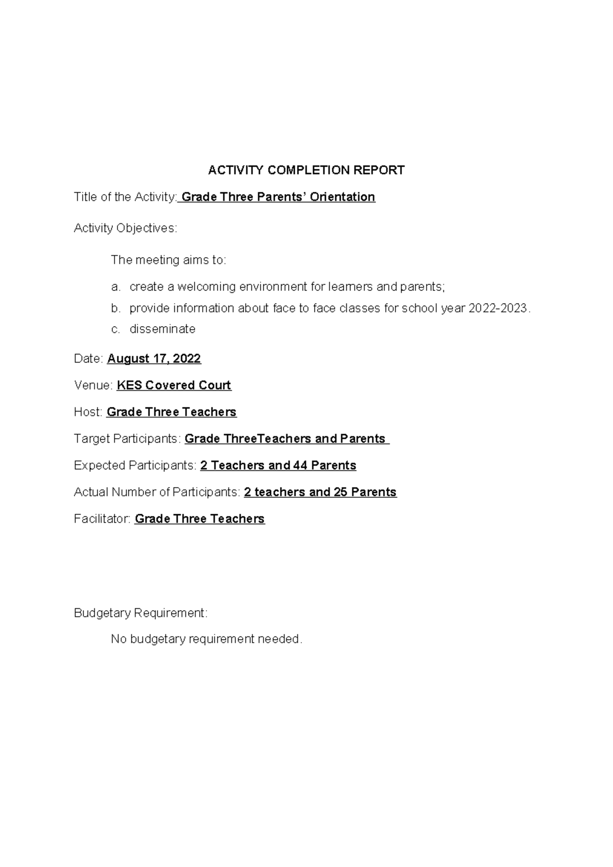 ACR- Parents Orientation - ACTIVITY COMPLETION REPORT Title of the ...