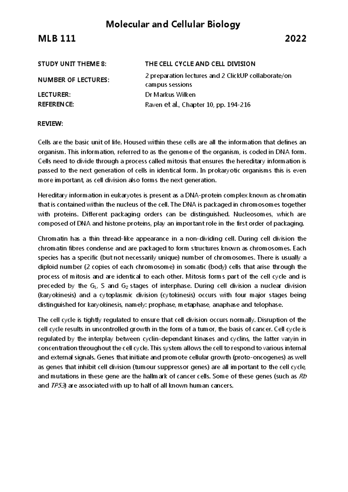 Study Outcomes Unit8 2022 - Molecular and Cellular Biology MLB 111 2022 ...