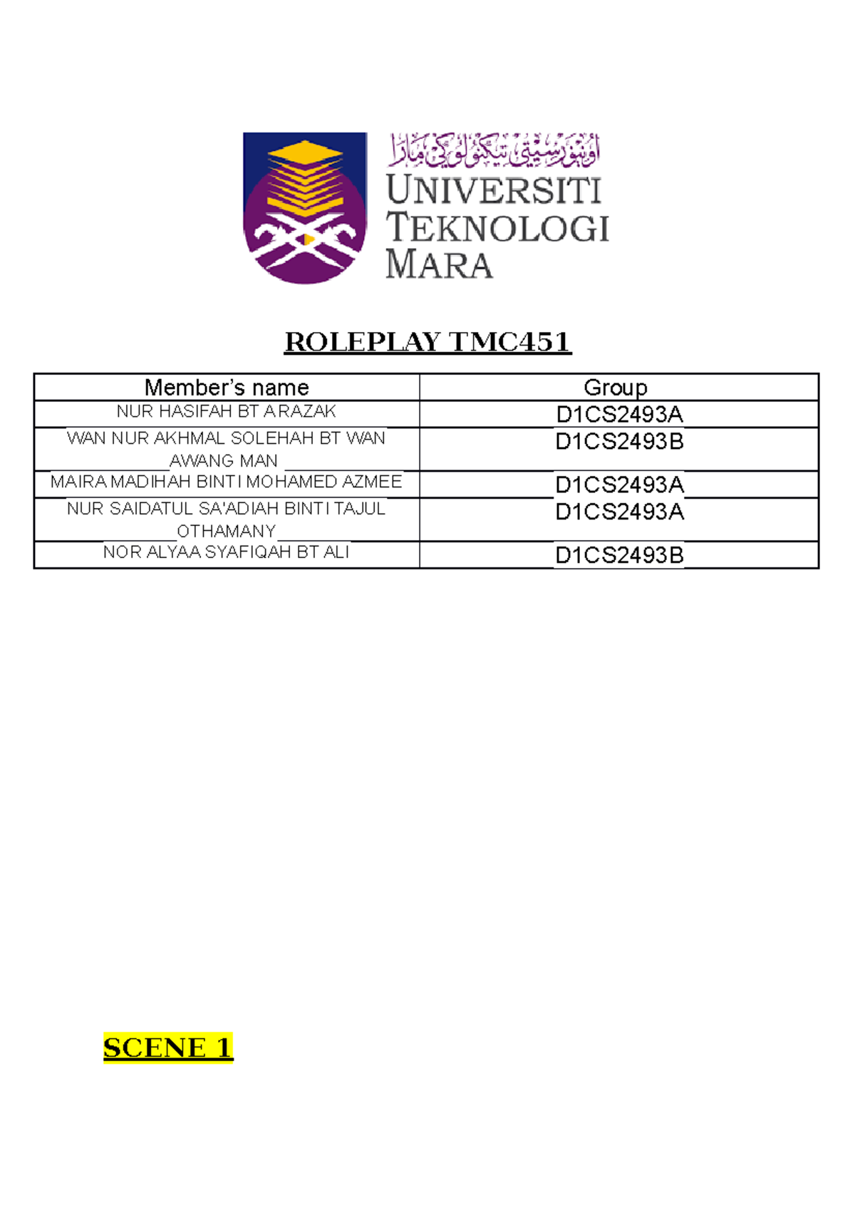 Skrip Roleplay tmc451 - ROLEPLAY TMC NUR HASIFAH BT A RAZAKMember’s name D1CS2493AGroup WAN NUR ...