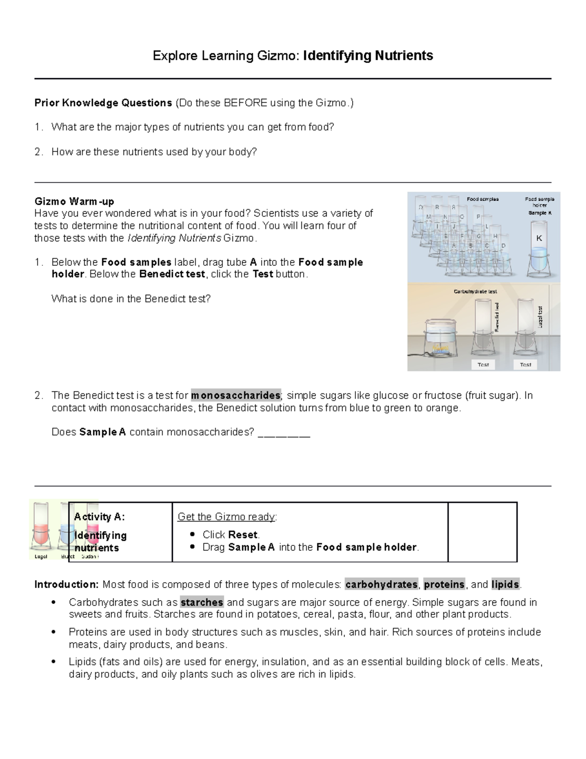 Identifying Nutrients gizmo shortened - Explore Learning Gizmo ...