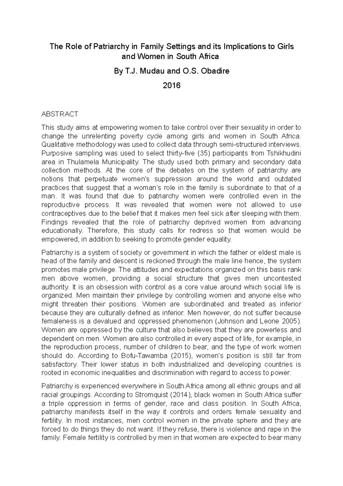 The Role of Patriarchy in Family Settings and its Implications to Girls ...