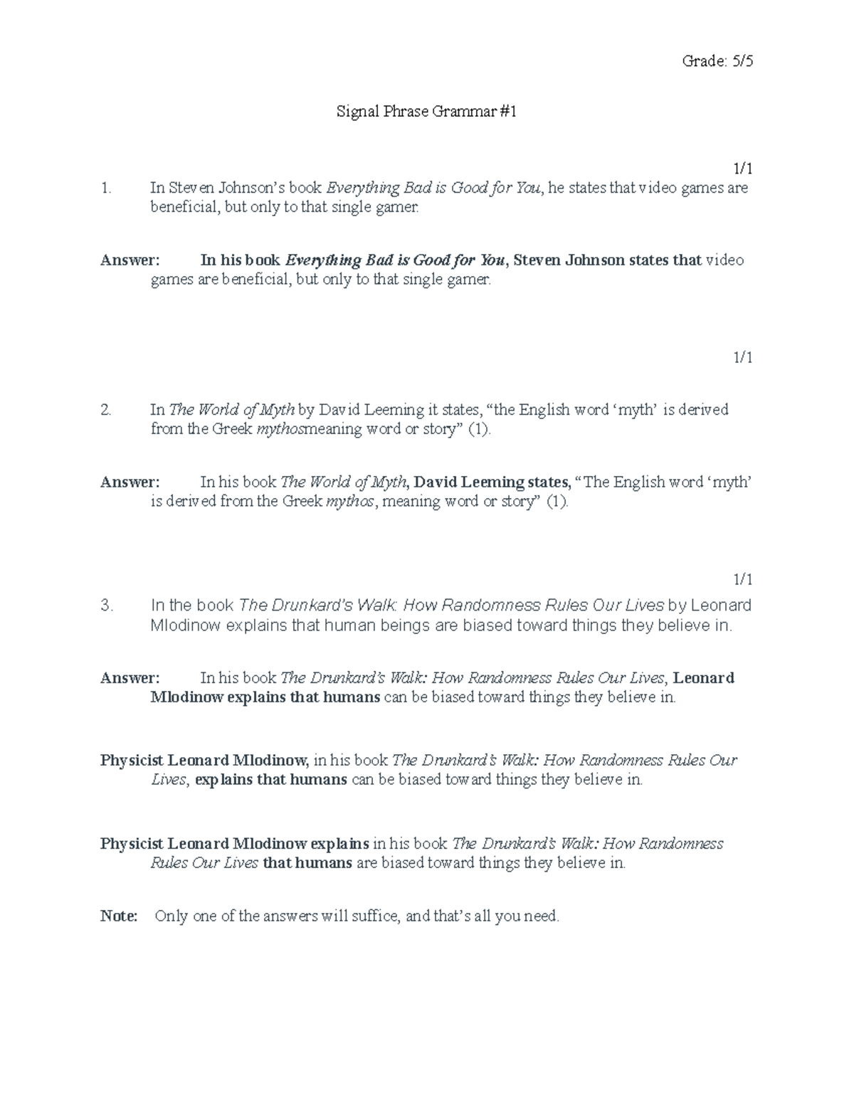 Signal Phrase Grammar #1 - Grade: 5/ Signal Phrase Grammar # 1/ In ...