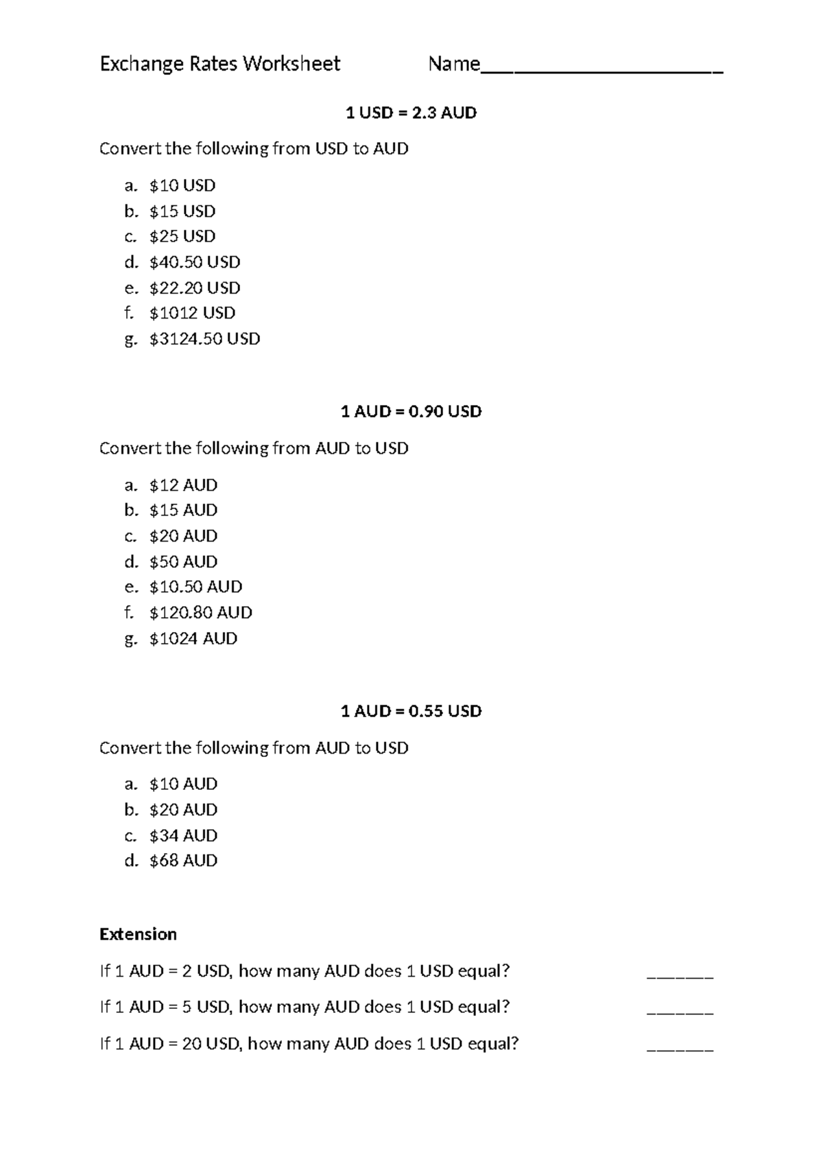 Exchange Rates Worksheet - $10 USD b. $15 USD c. $25 USD d. $40 USD e ...