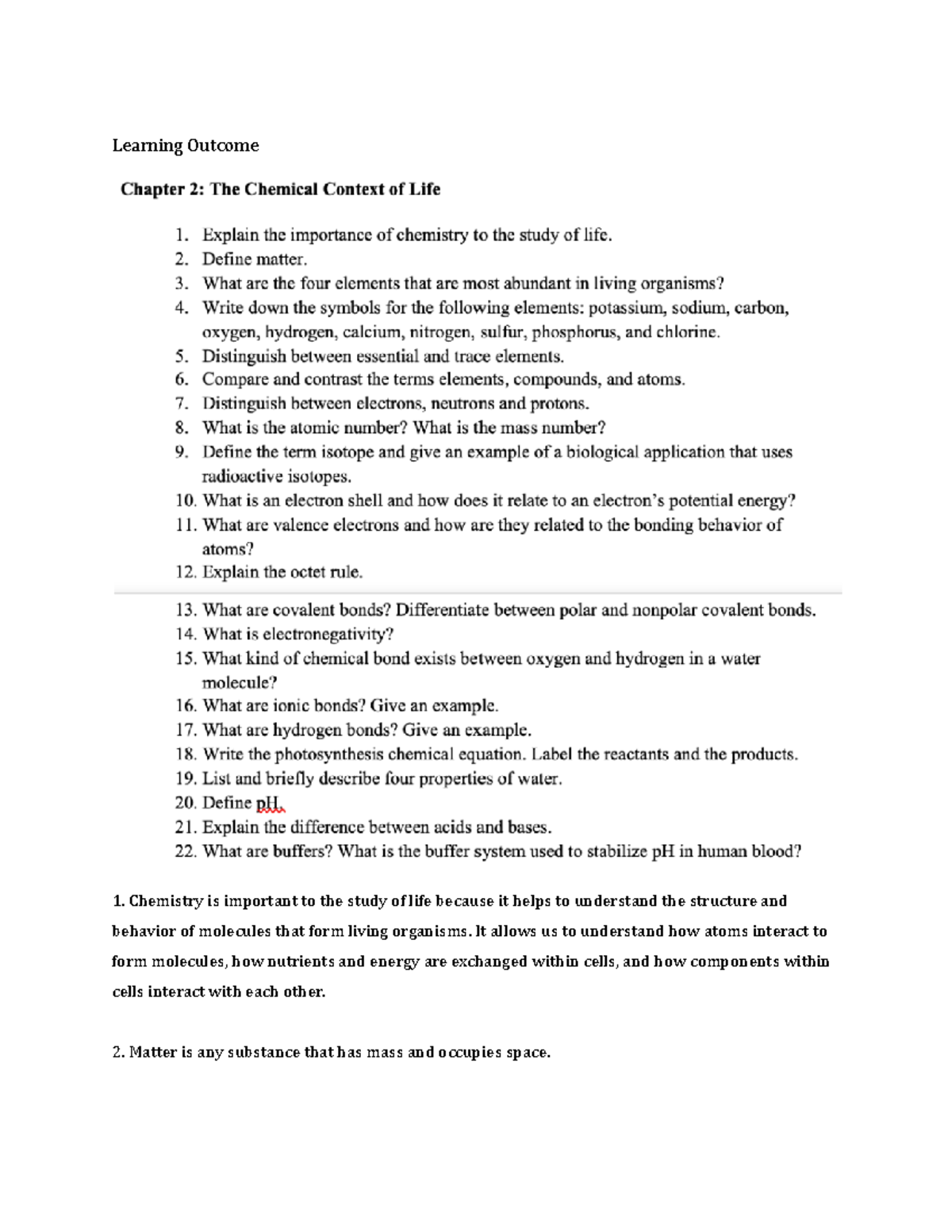 Chapter 2 Learning Outcomes - Learning Outcome Chemistry is important ...