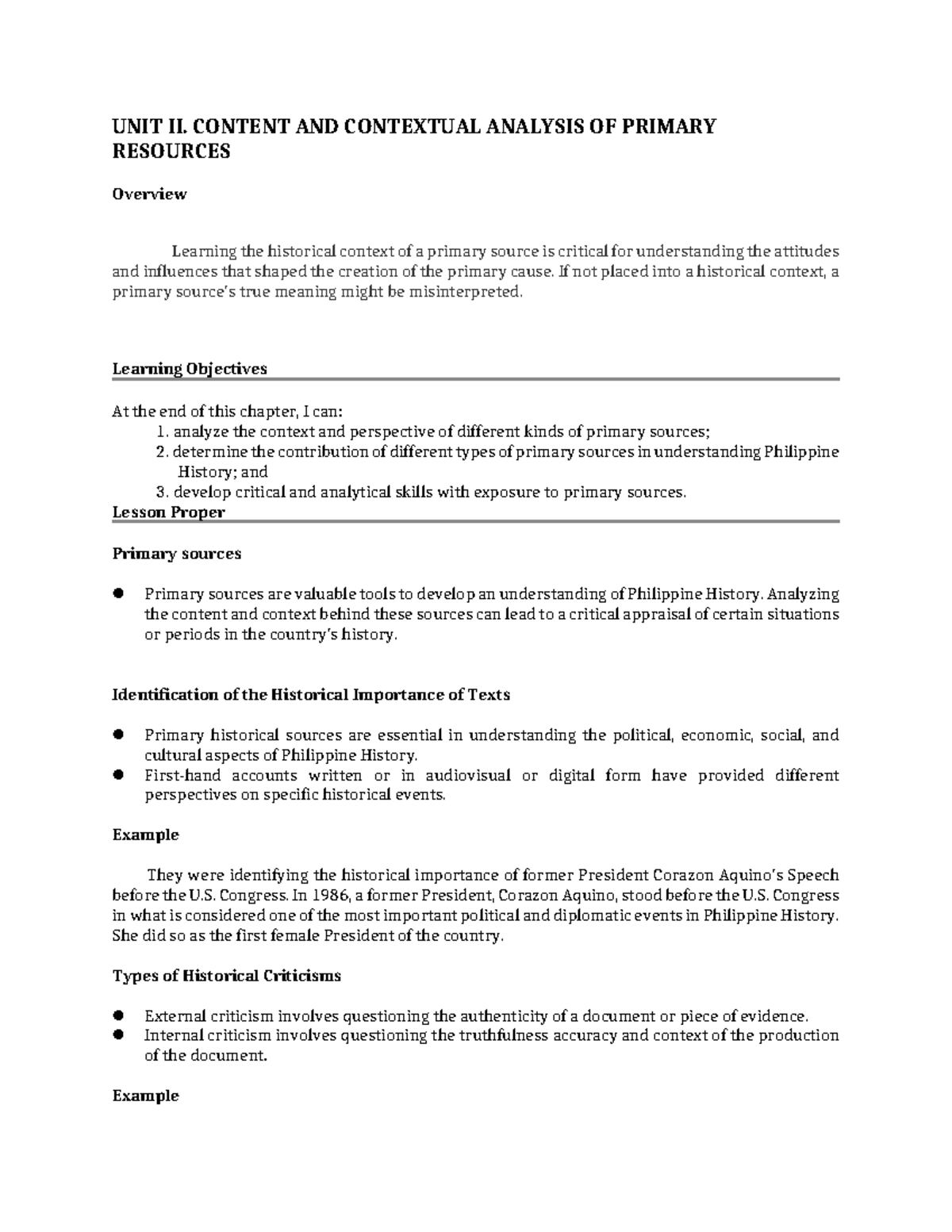 Rph-day-2 - GE SUBJECT - UNIT II. CONTENT AND CONTEXTUAL ANALYSIS OF PRIMARY RESOURCES Overview ...