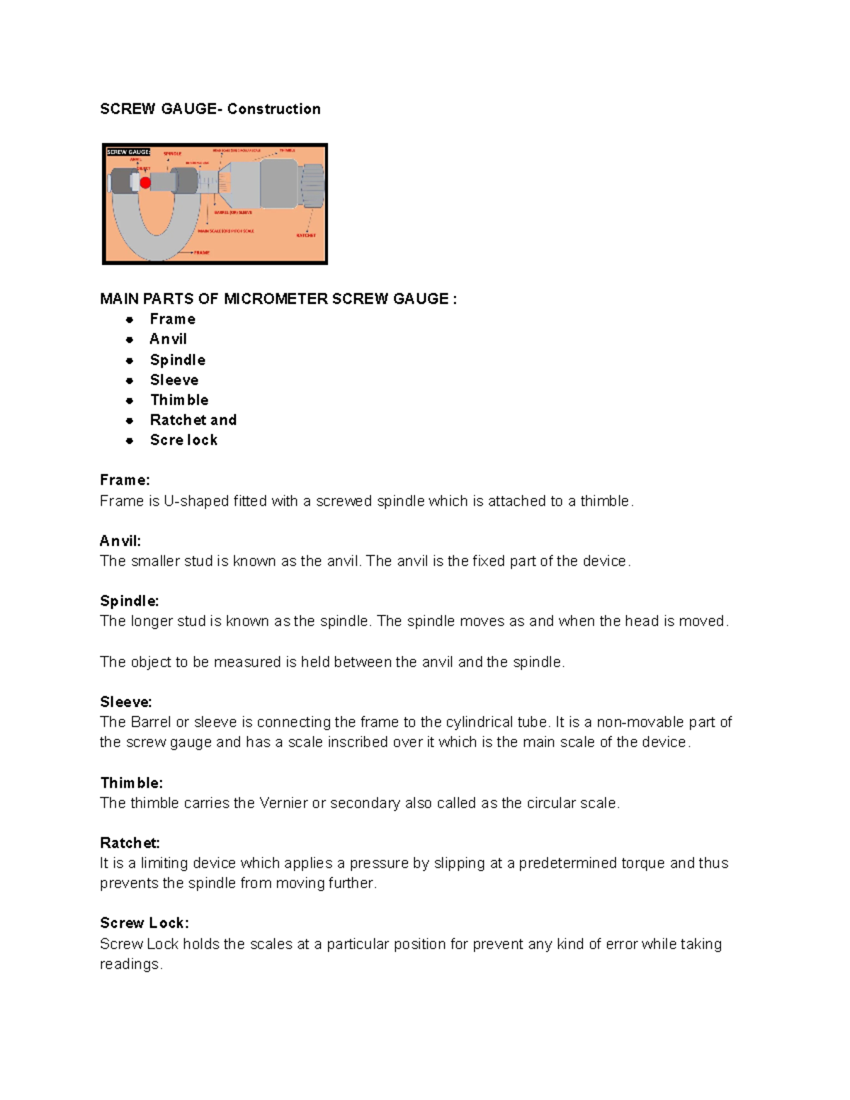 Screw Gauge- Construction - SCREW GAUGE- Construction MAIN PARTS OF ...