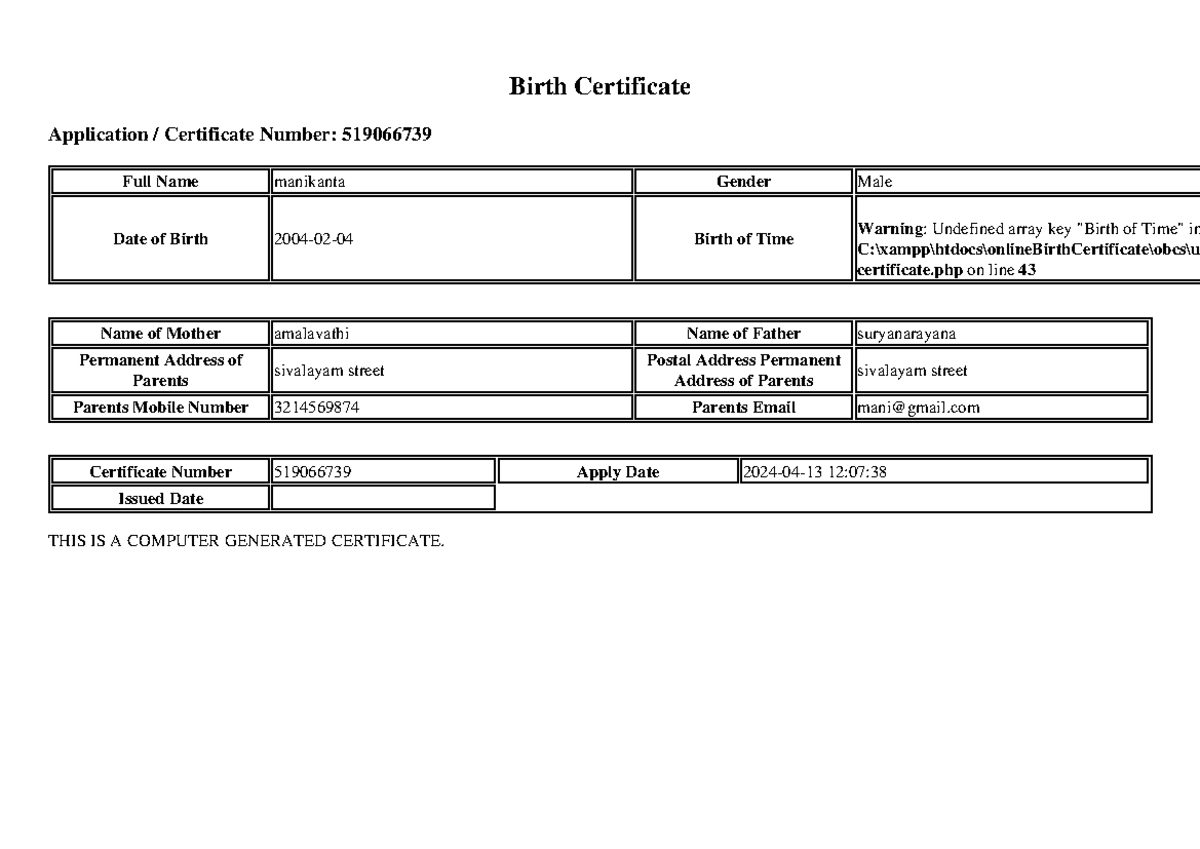 Birth-Certificate - Birth Certificate Application / Certificate Number ...