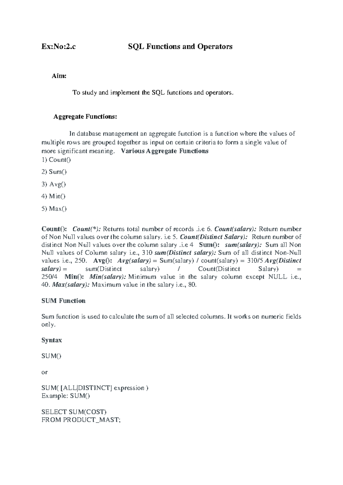 database management lab manual first sem - Ex:No:2 SQL Functions and Operators Aim: To study and ...