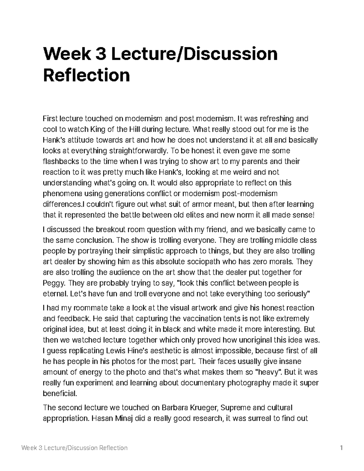 Week 3 Lecture Discussion Reflection - It was refreshing and cool to ...
