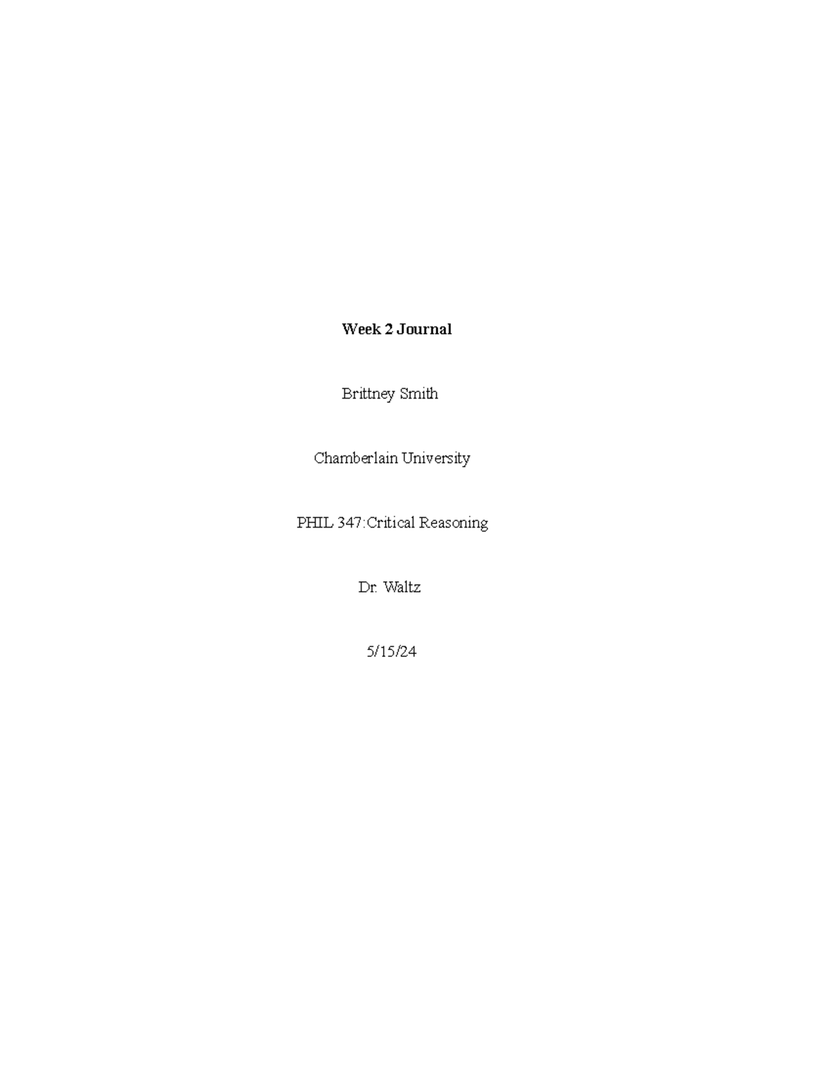 Week 2 Journal - Week 2 Journal Brittney Smith Chamberlain University ...