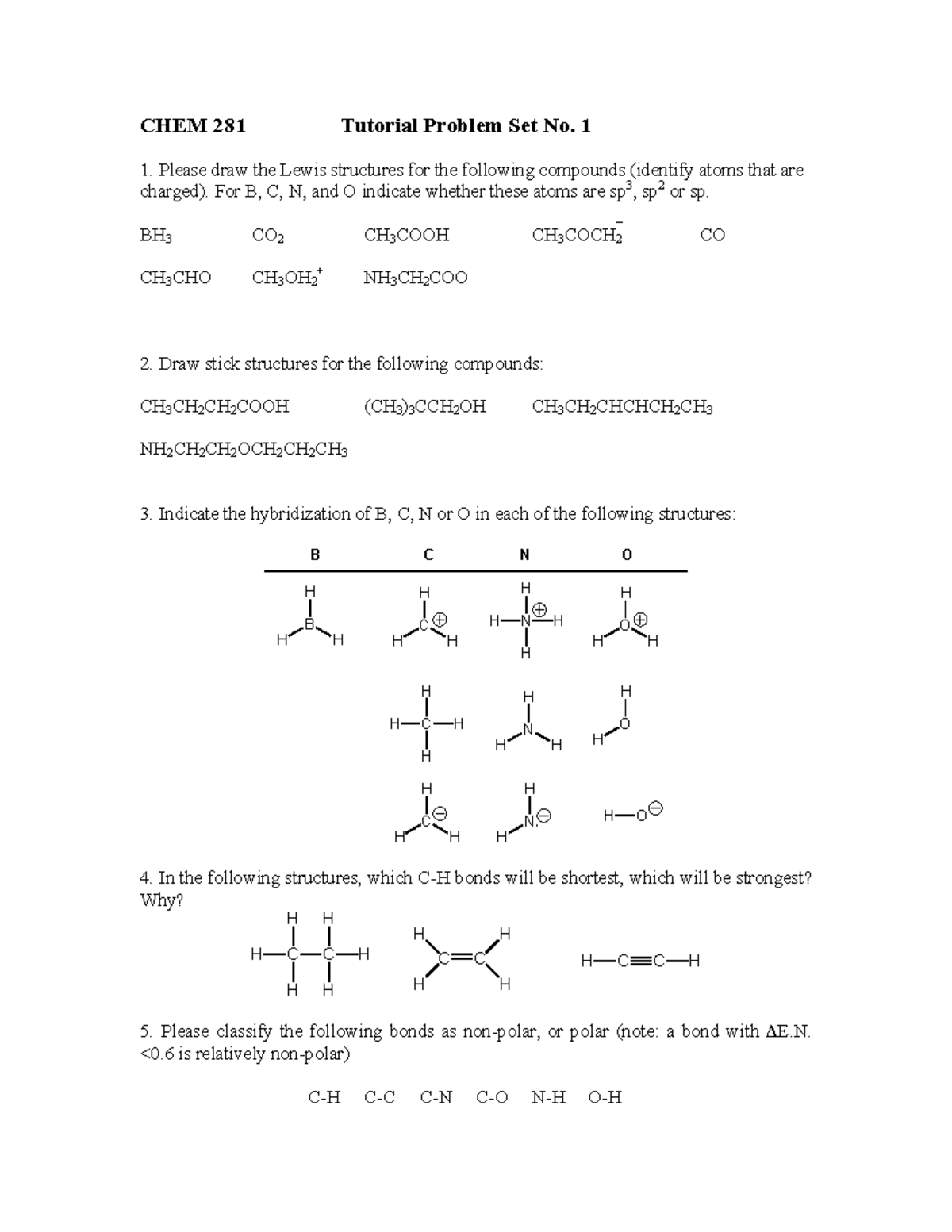 Tutorial 1 Chem 281 Tutorial Problem Set No 1 1 Please Draw The Lewis Structures For The
