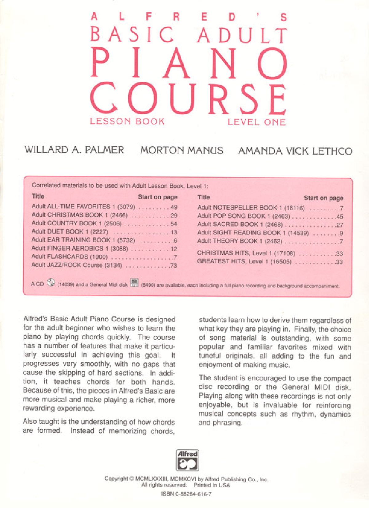Willard A. Palmer - Alfred's Basic Adult Piano Course Lesson Book ...