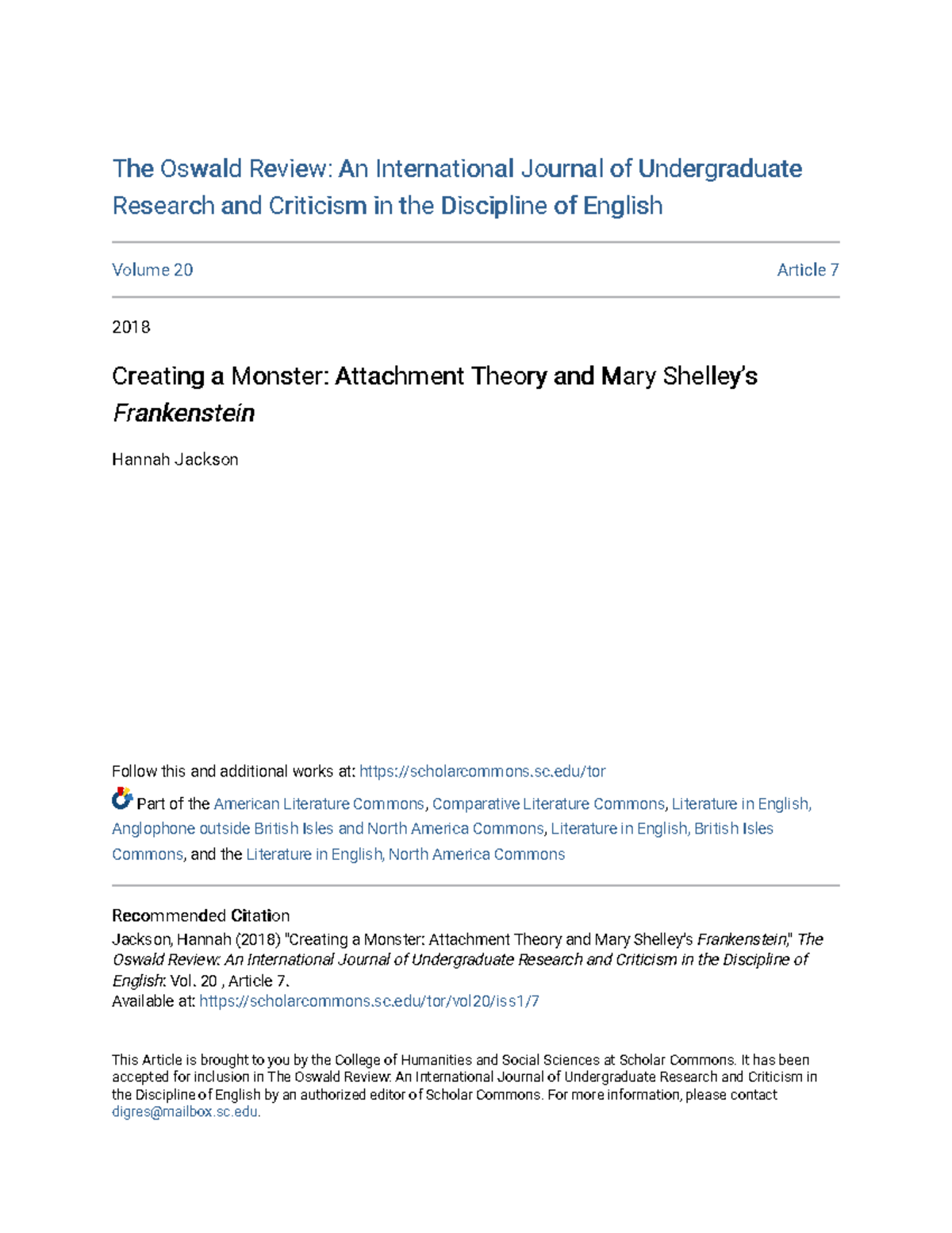 Creating a Monster Attachment Theory and Mary Shelleys Frank - The ...