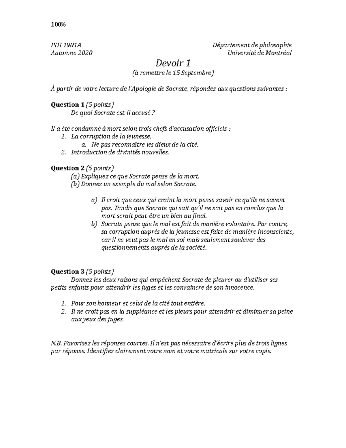 Devoir 1 PHI - 100% PHI 1901A Département de philosophie Automne 2020 Université de Montréal ...
