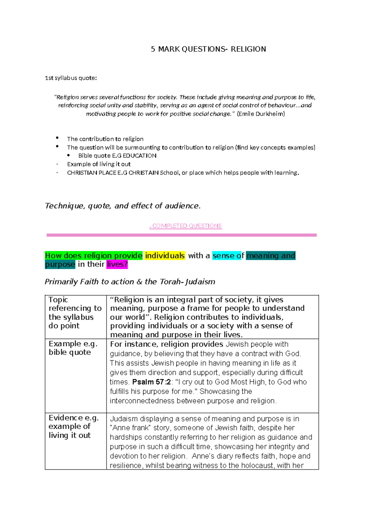 5 MARK Questions- Religion - 5 MARK QUESTIONS- RELIGION 1st syllabus ...