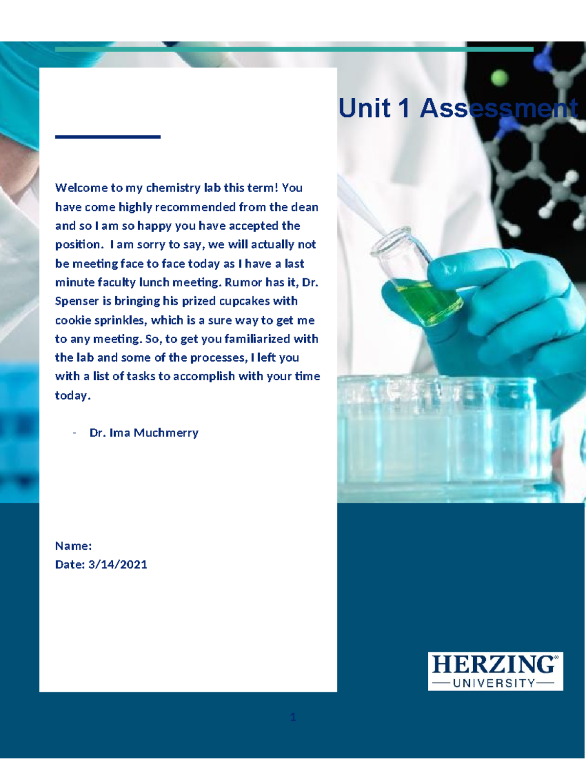 U1 Chem - 1 Welcome to my chemistry lab this term! You have come highly ...