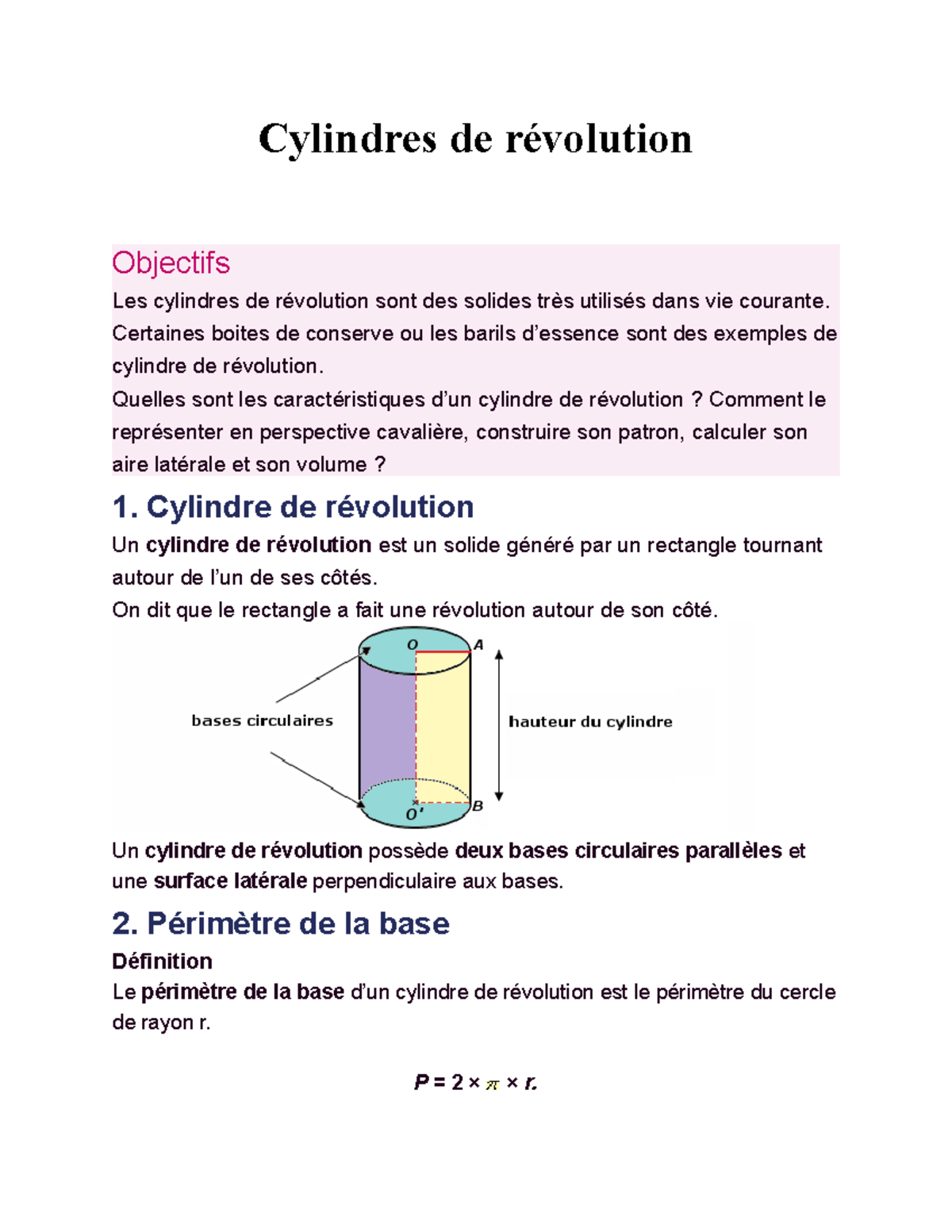 Cylindres de révolution - Cylindres de révolution Objectifs Les ...