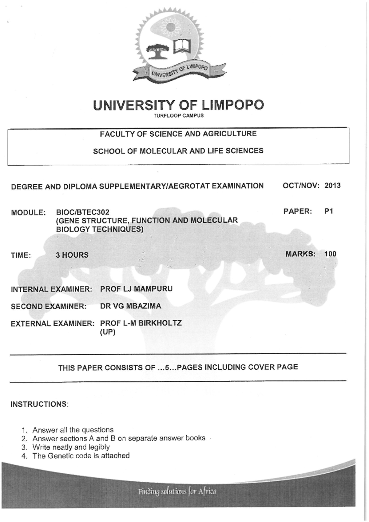 2013 supp exam - Practice questions - OF LIMPOPO UNIVERSITY UNIVERSITY ...