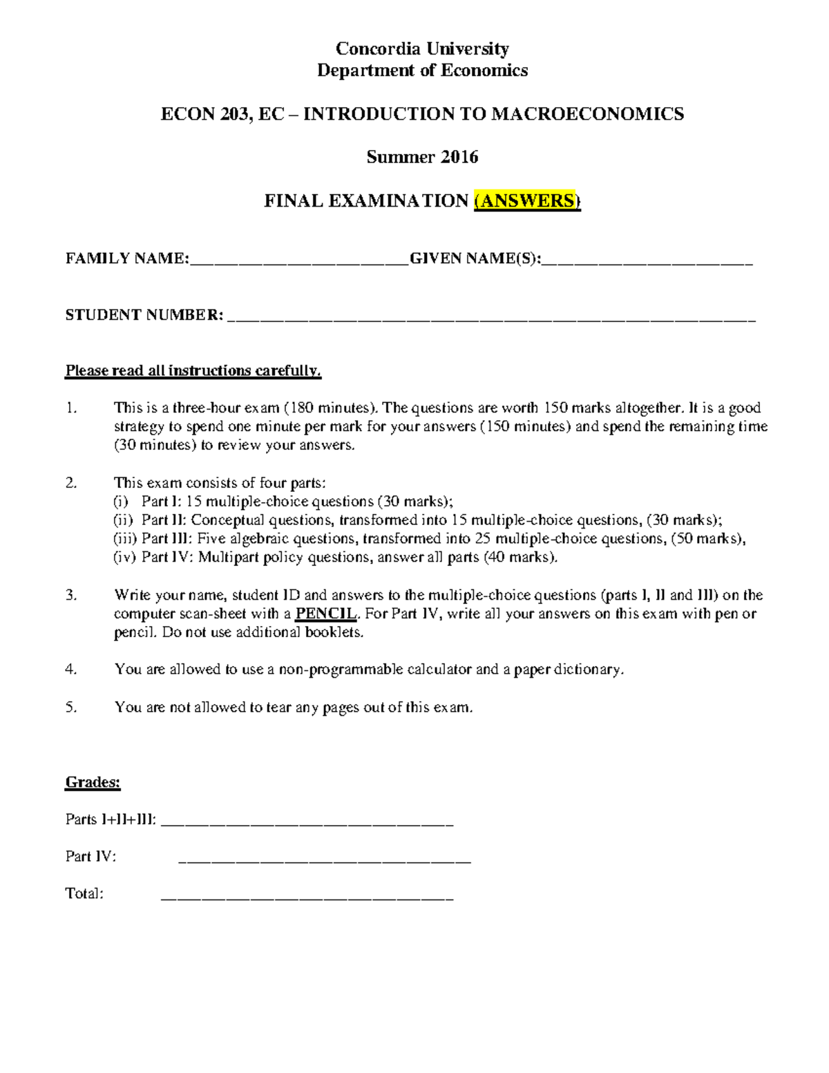 Exam August 2016, questions and answers - Concordia University ...
