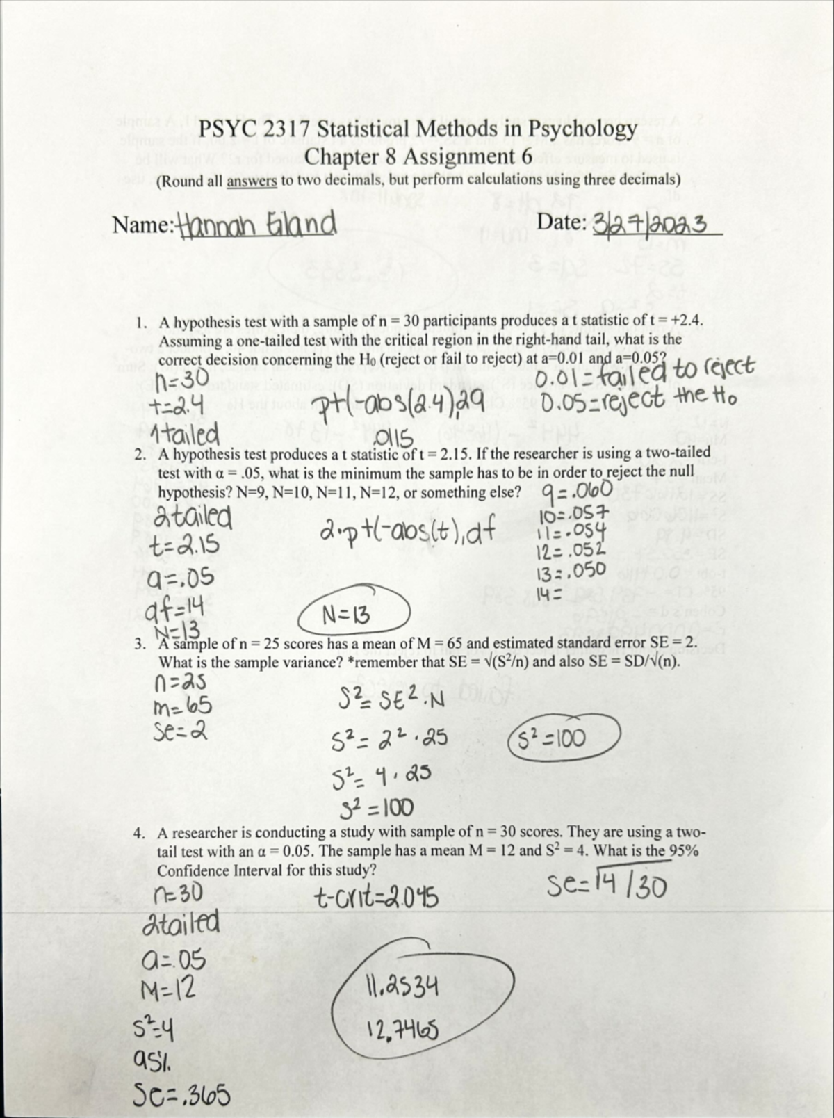 Chapter 8 assignment 6 - Stats - PSYC 2317 - Studocu