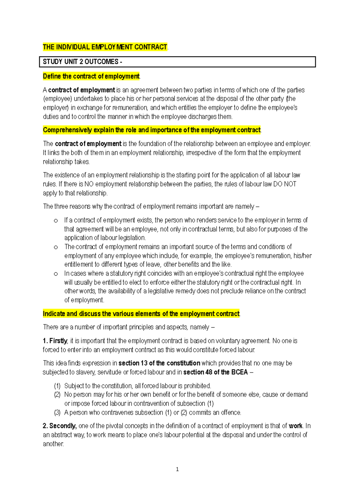 Study UNIT 2 - THE INDIVIDUAL EMPLOYMENT CONTRACT. STUDY UNIT 2 ...