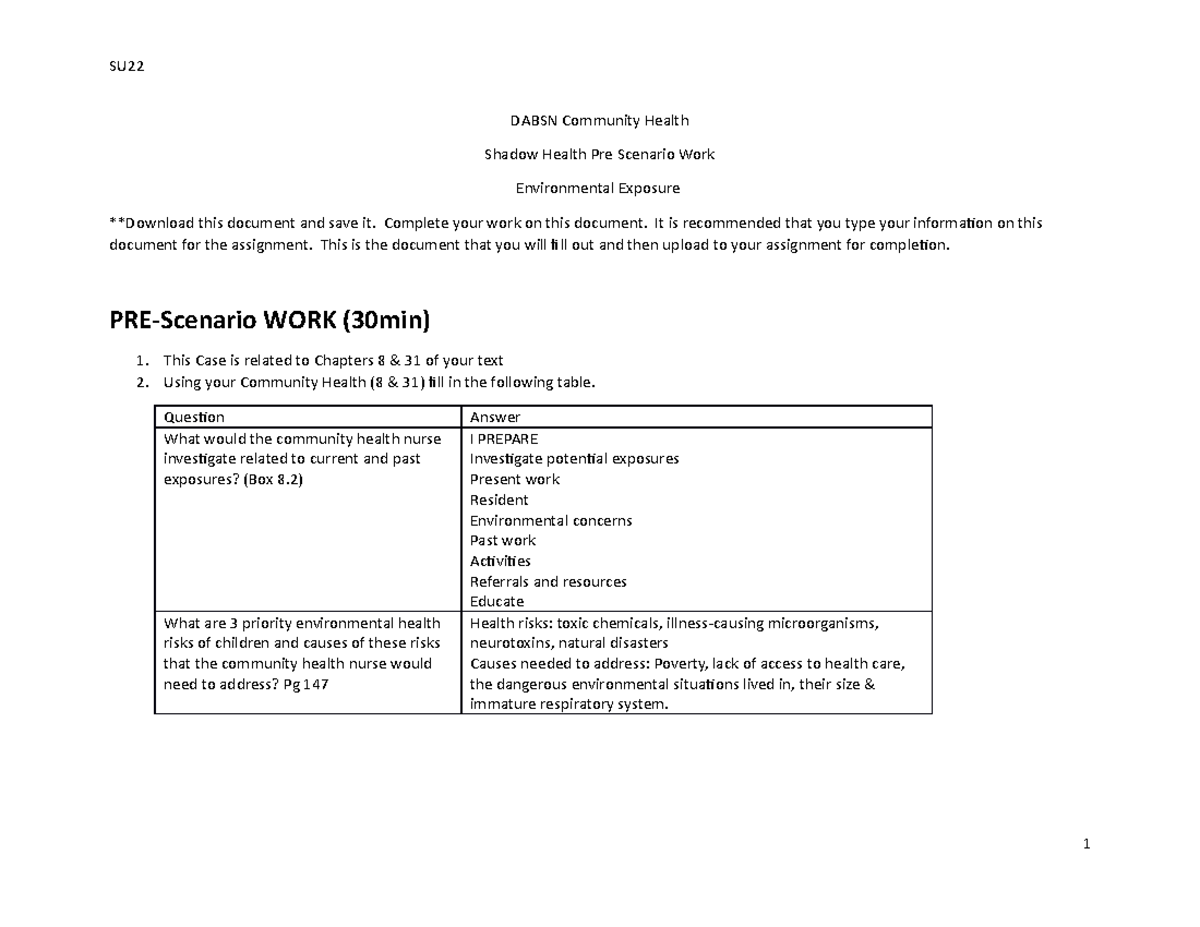 Environmental Exposure Pre Work - SU DABSN Community Health Shadow ...
