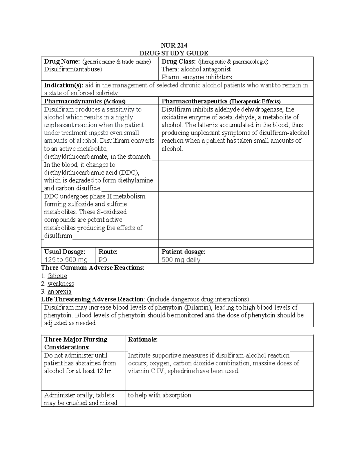 Disulfiram (Antabuse) - NUR 214 DRUG STUDY GUIDE Drug Name: (generic ...