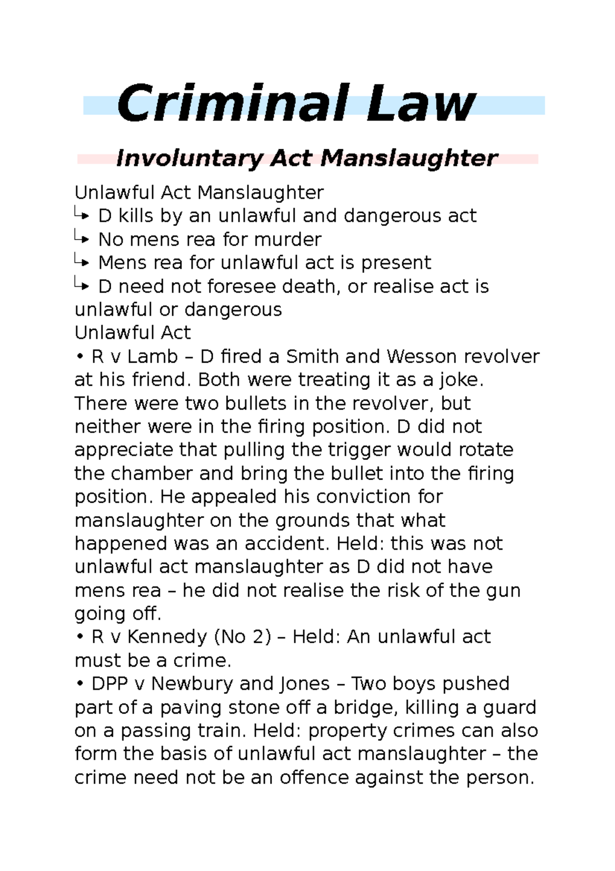 Criminal Law - NOTES - Criminal Law Involuntary Act Manslaughter ...