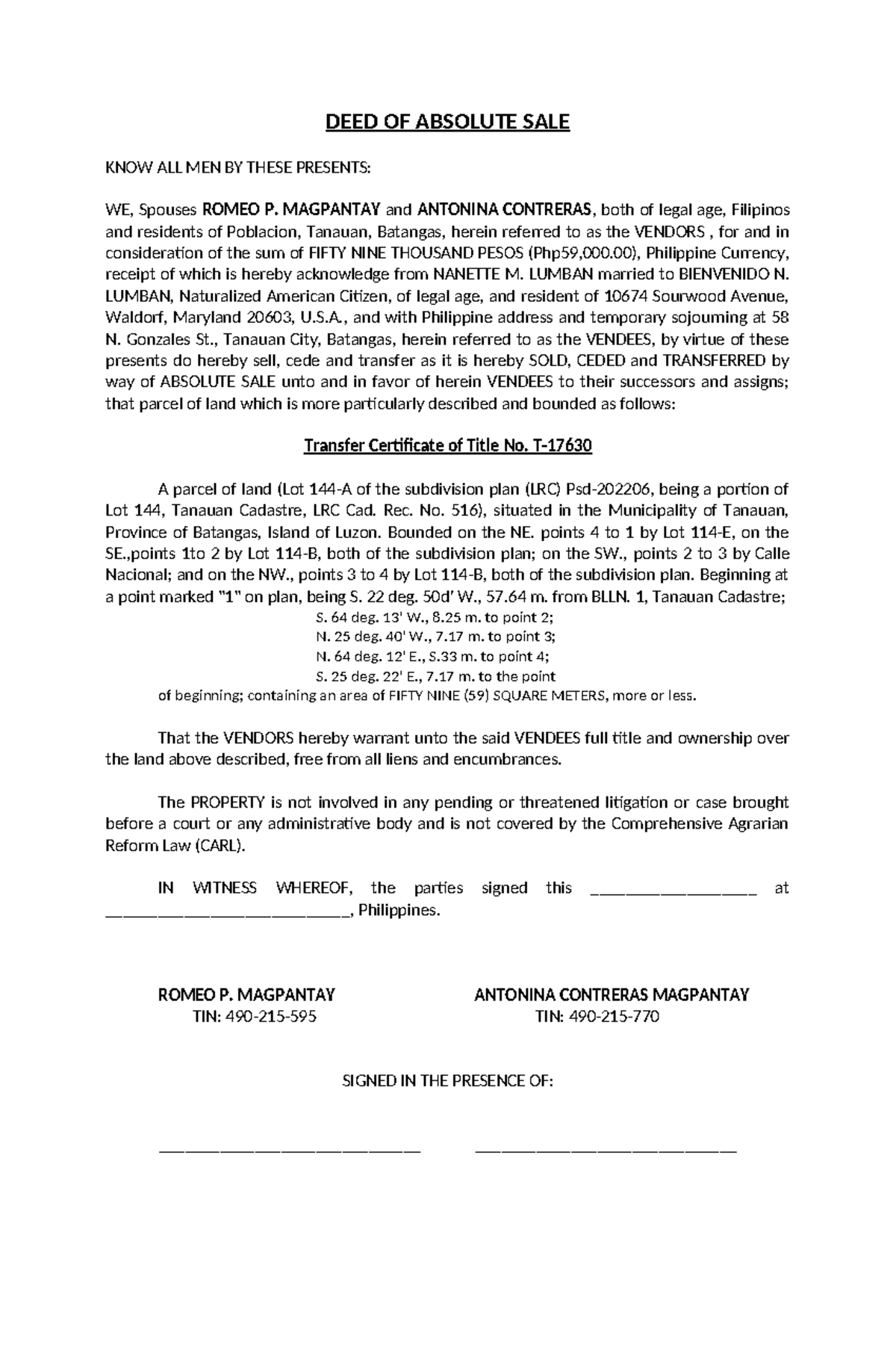 DEED OF Absolute SALE WITH Receipt Lumban - DEED OF ABSOLUTE SALE KNOW ALL MEN BY THESE PRESENTS ...