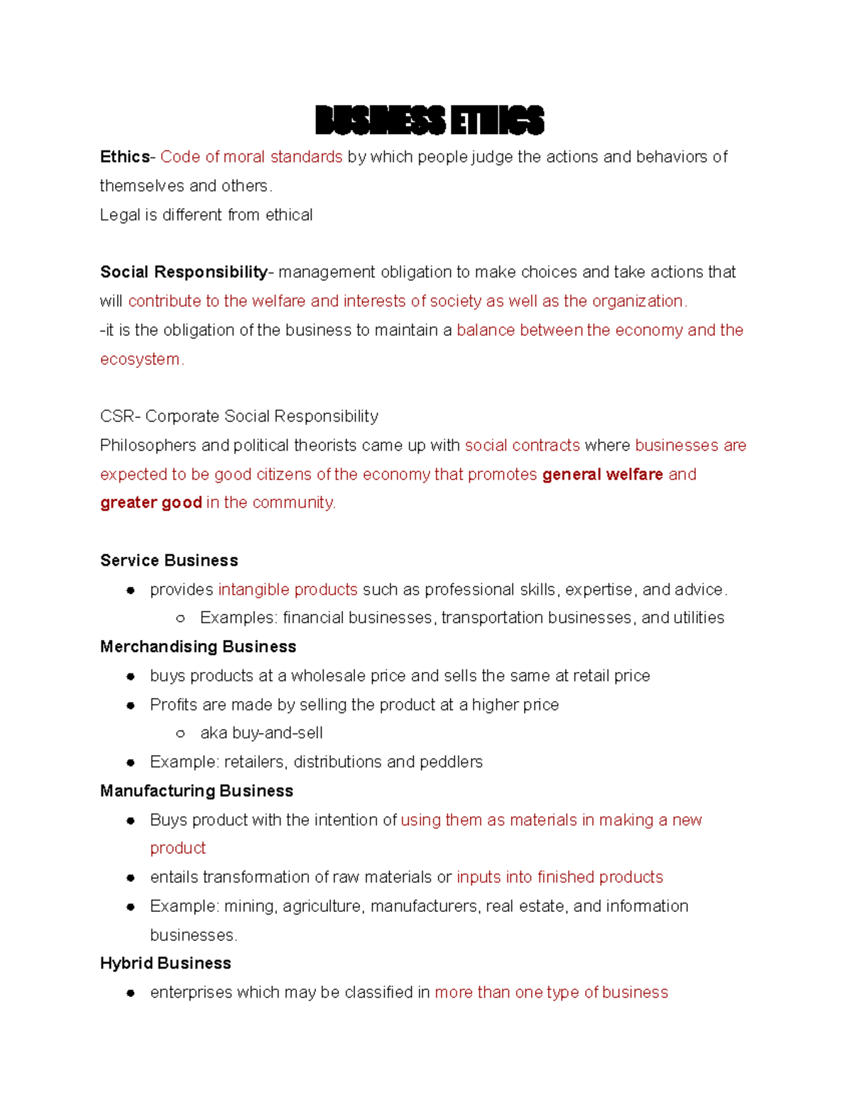 Business Ethics Notes - BUSINESS ETHICS Ethics- Code of moral standards ...