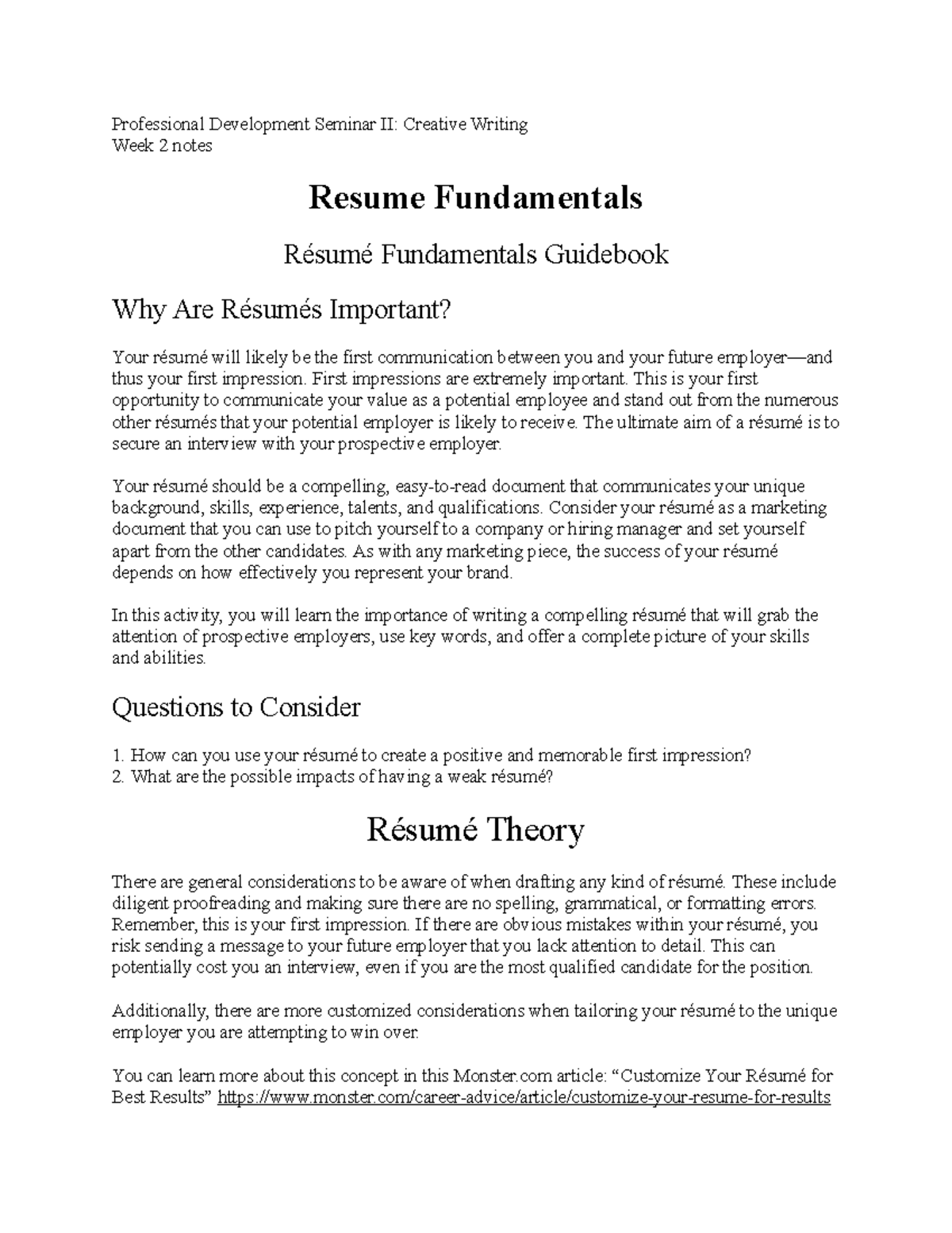 Professional Development Seminar: Resume Fundamentals - Professional Development Seminar II ...