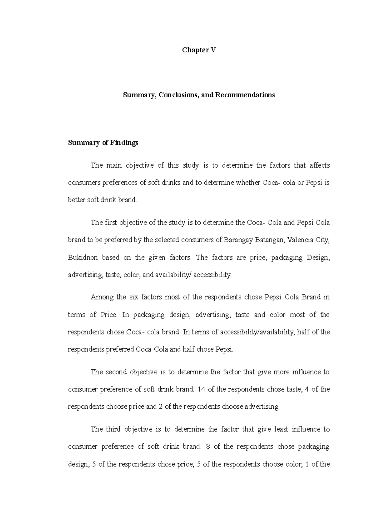 Chapter V - Chapter V Summary, Conclusions, and Recommendations Summary ...