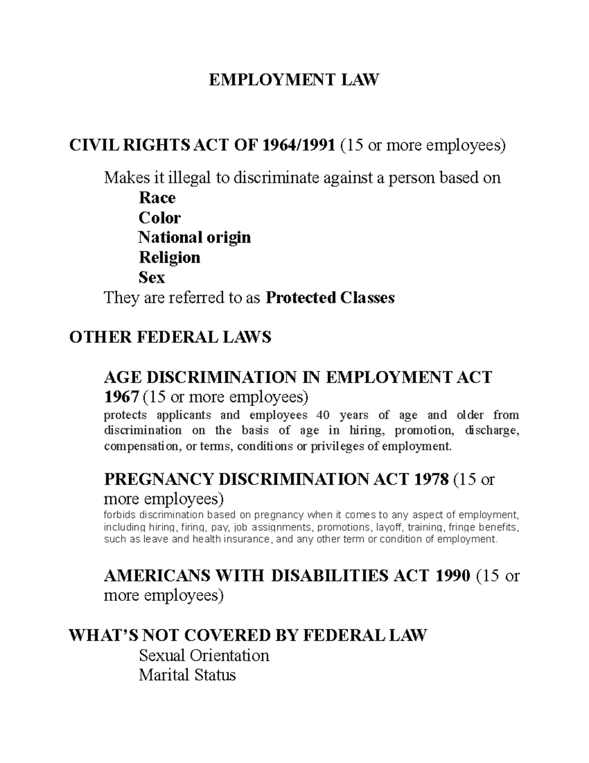 Employment Law - EMPLOYMENT LAW CIVIL RIGHTS ACT OF 1964/1991 (15 or ...