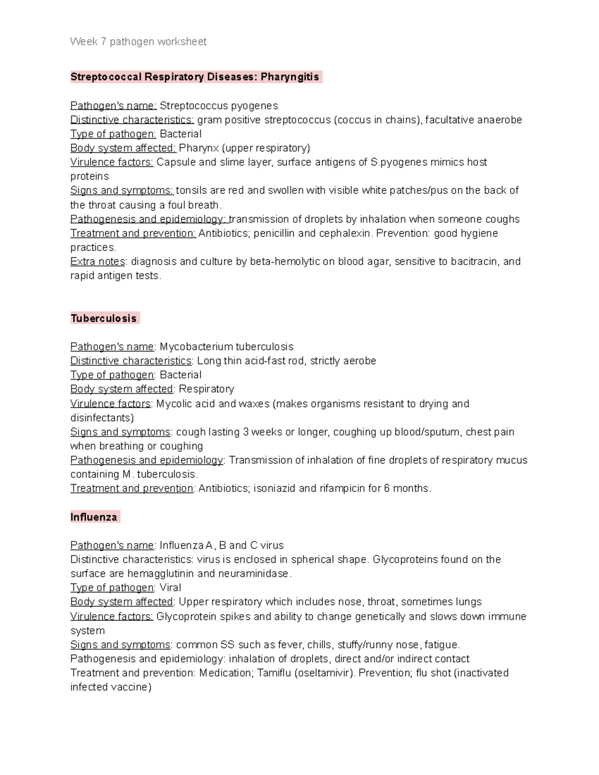 Week 7 pathogen chart - micro notes - Streptococcal Respiratory ...