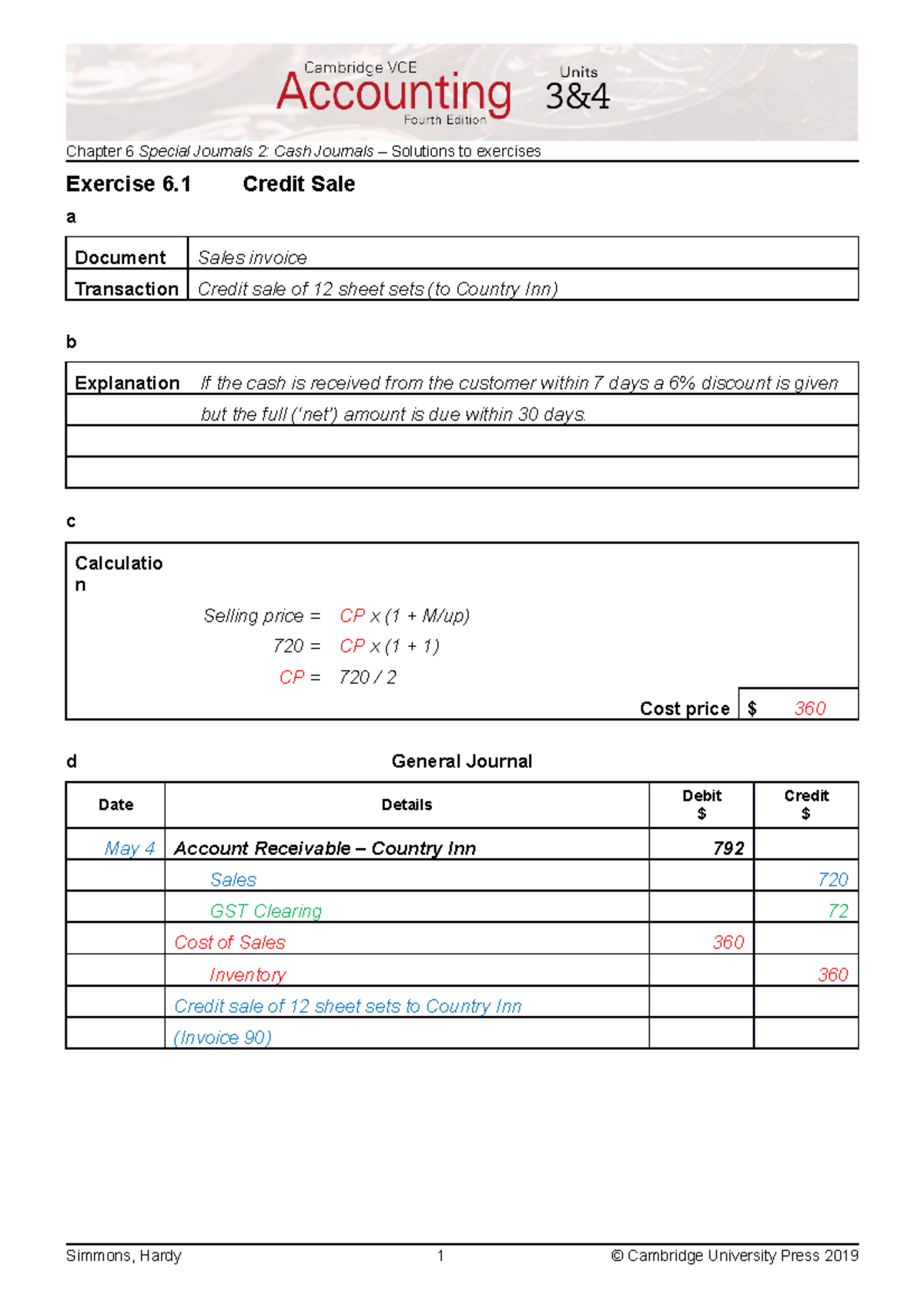 Chapter 6 solutions - Exercise 6 Credit Sale a Document Sales invoice ...