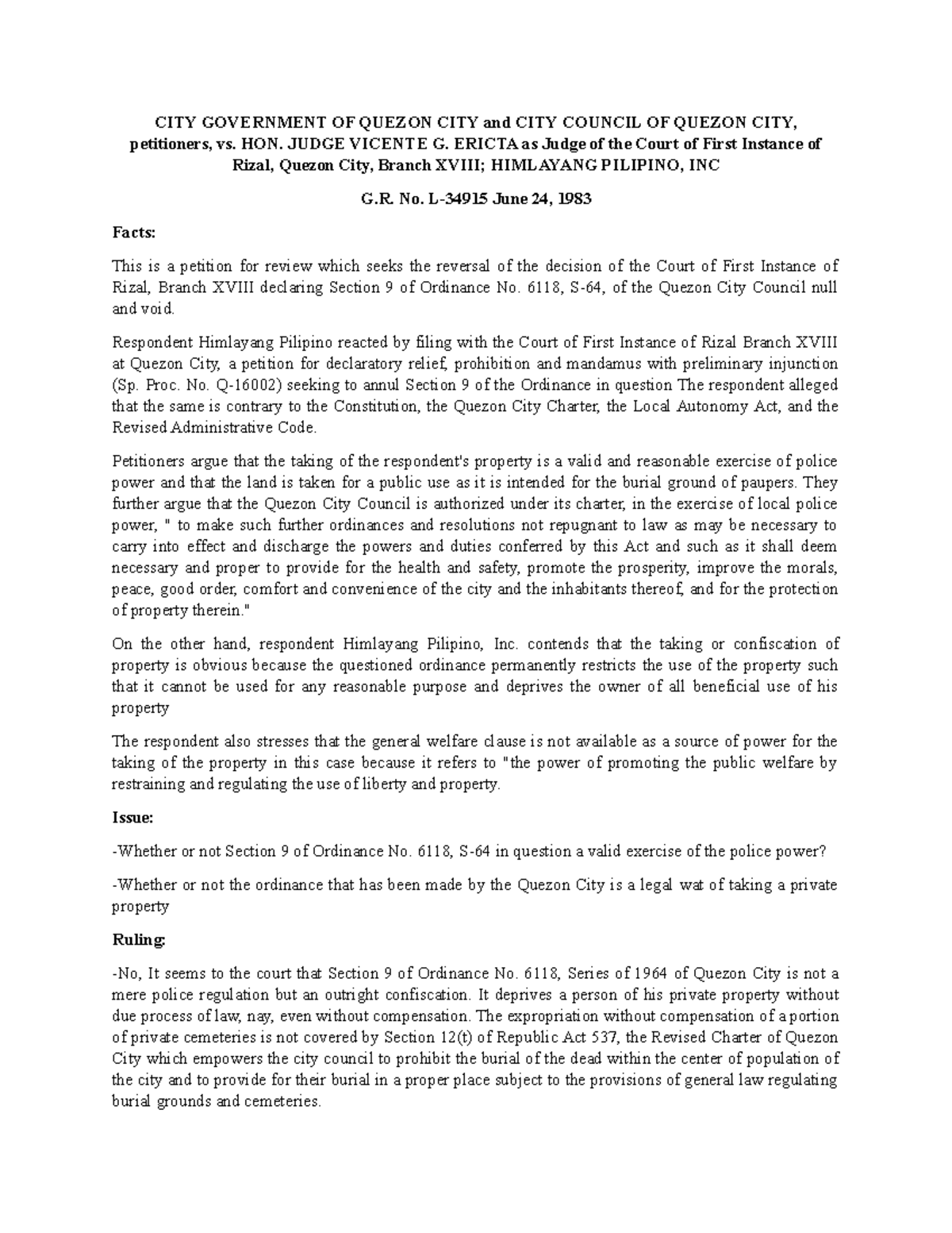City Government of QC vs. Ericta - CITY GOVERNMENT OF QUEZON CITY and ...