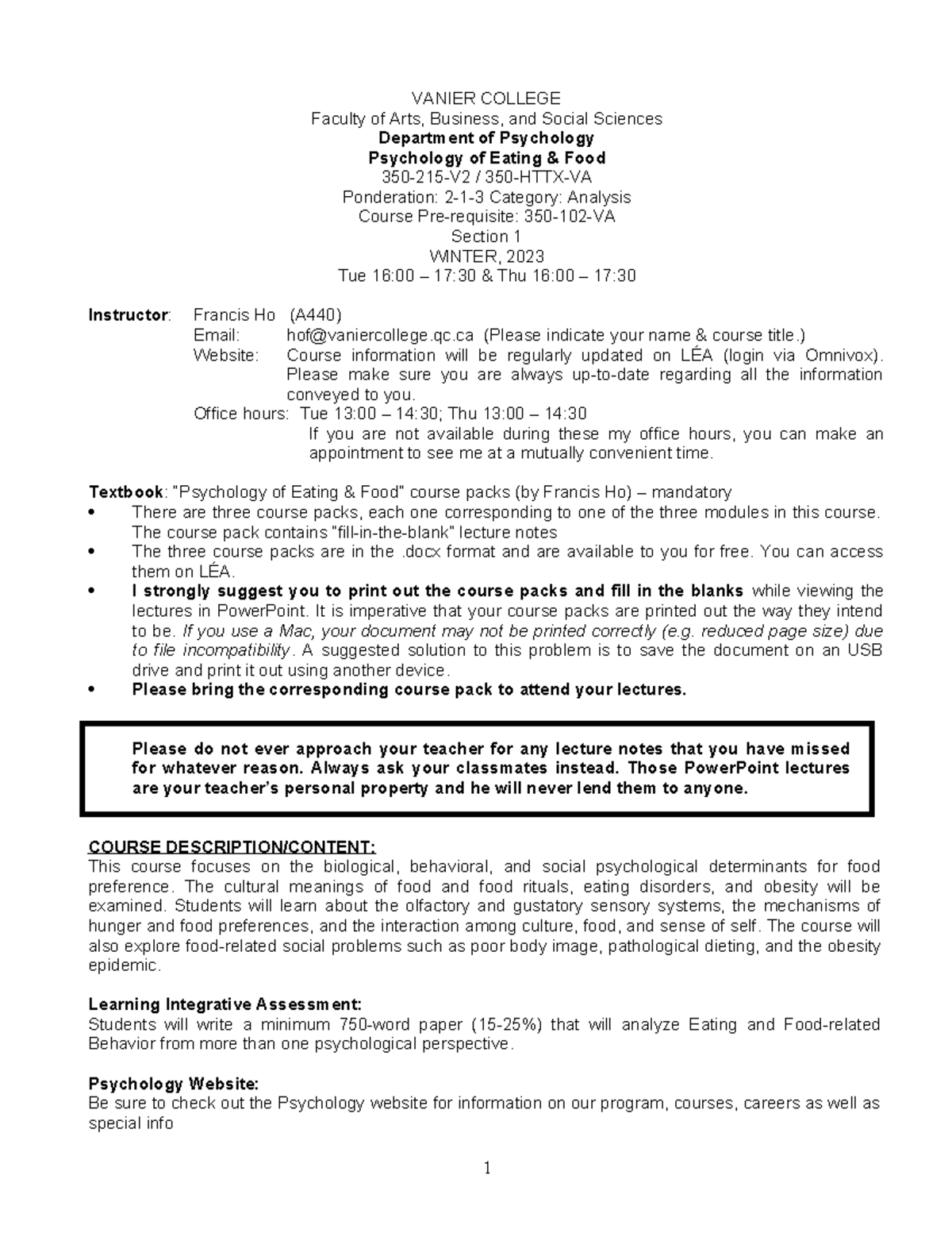 000 Psychology of Eating Food Course Winter 2023 Course Outline ...