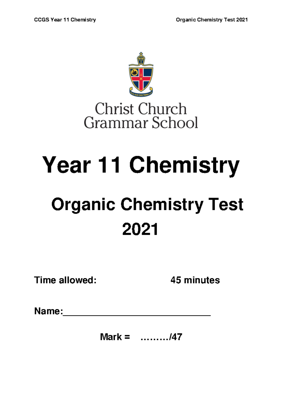 Y11 organic test 2021 - Year 1 1 Chemistry Organic Chemistry Test 2021 ...