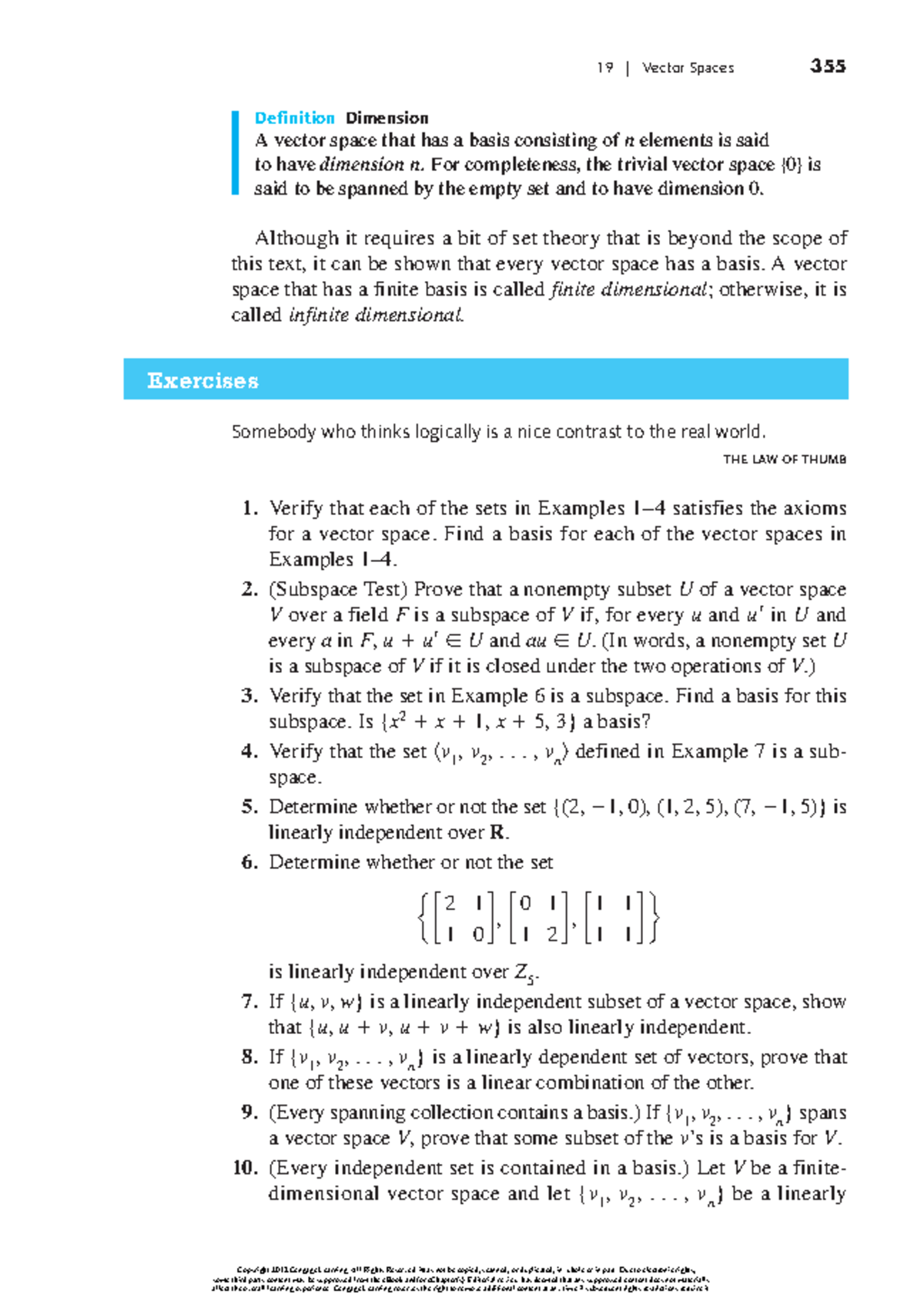 Exercises Vector Spaces 19 Vector Spaces 355 Definition Dimension A Vector Space That Has A
