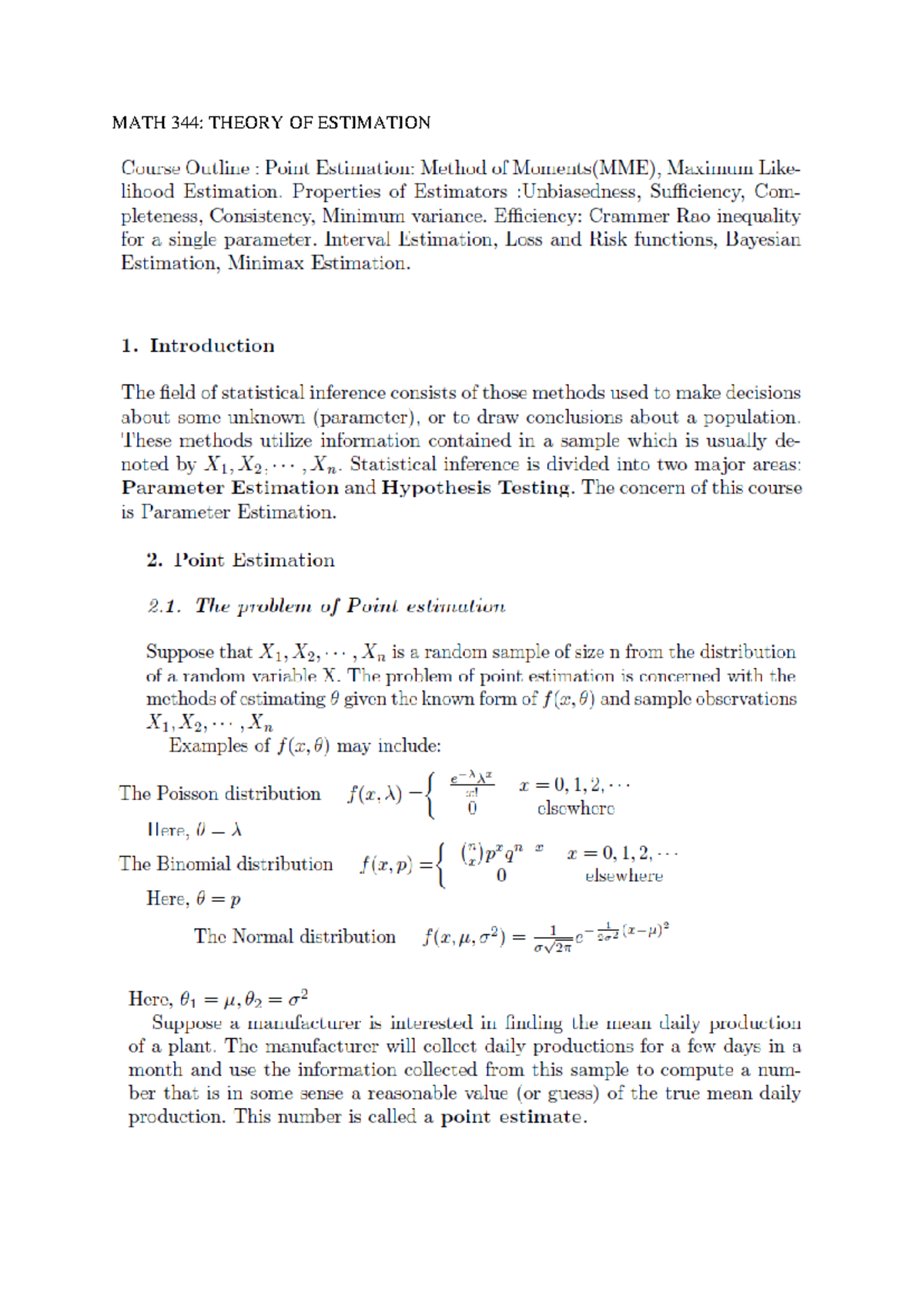 Theory of estimation Notes - MATH 344: THEORY OF ESTIMATION Course ...