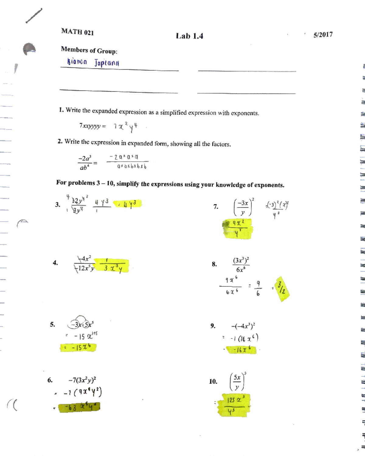 Lab 1 - 1.4 - MATH 021 Members of Group: Rianca Japtang 1. Write the ...