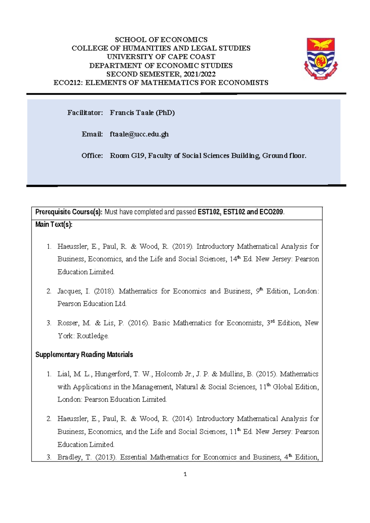 ECO 212 Outline - SCHOOL OF ECONOMICS COLLEGE OF HUMANITIES AND LEGAL ...